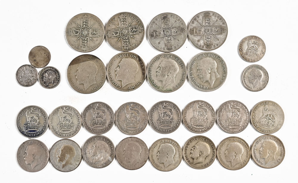 A collection of George V silver coins, florins, shillings, sixpences ...