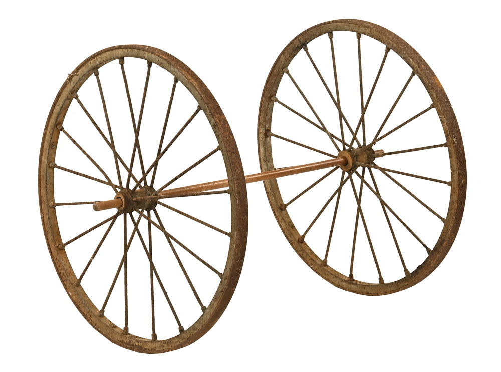 A pair of 19th century metal spoked and rimmed carriage wheels ...