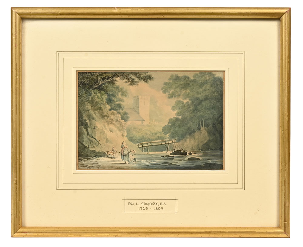 Paul Sandby RA (1725-1809), watercolour figures with dog by river with ...