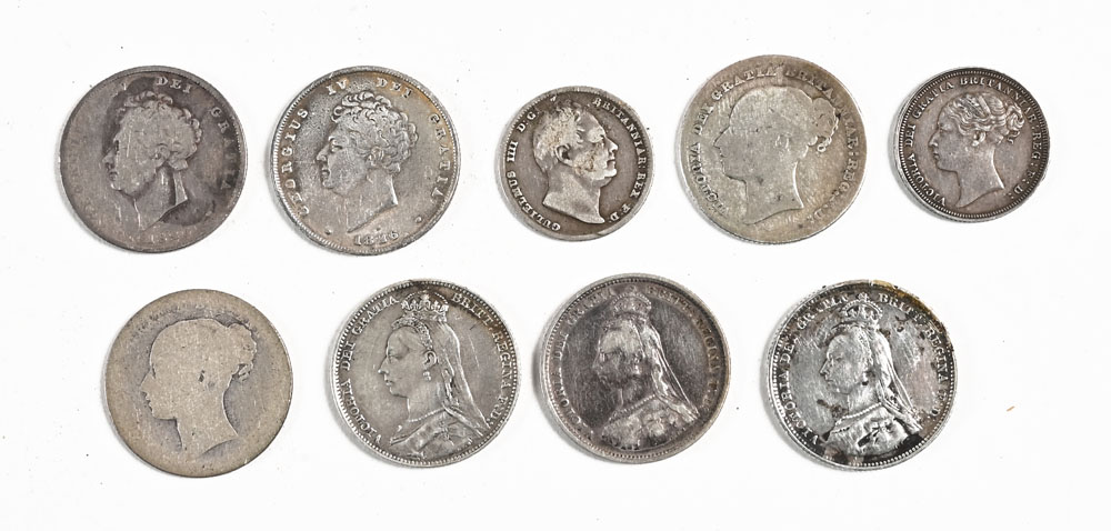 A collection of Georgian and Victorian silver coins, two 1826 Georgian ...
