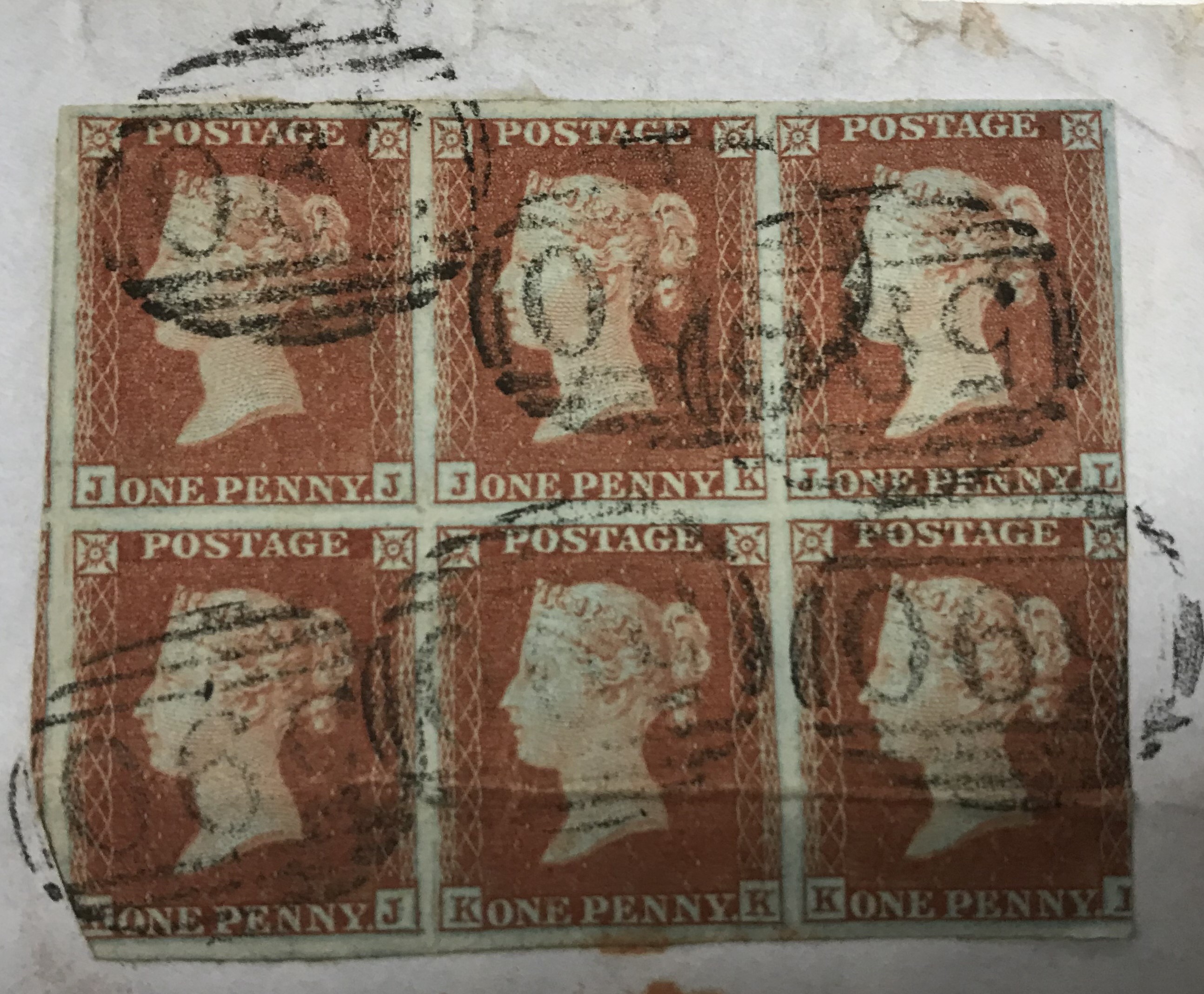 A collection of 36 Victorian Penny Red stamps on various envelopes (and ...