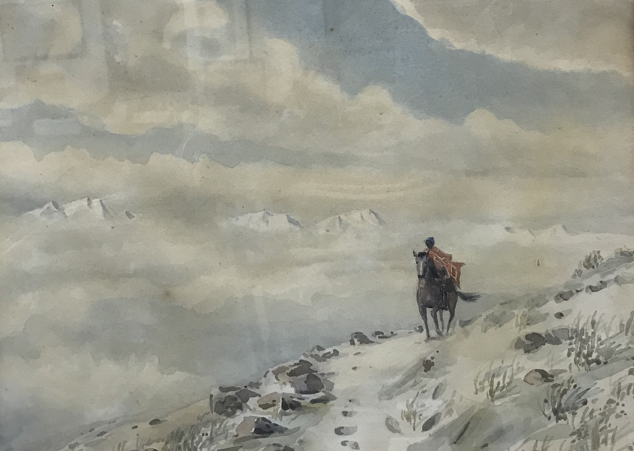 J W BELDERSON “Lone rider”, study of figure with snow-capped mountains ...