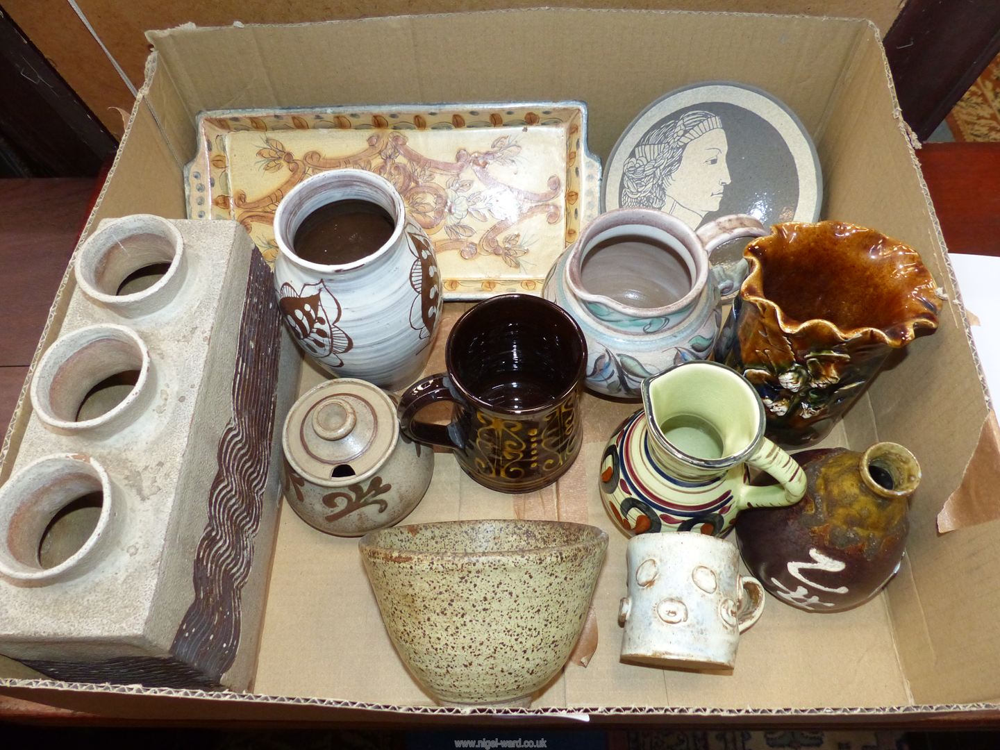A box of studio pottery items including contemporary vase/ spill vase ...