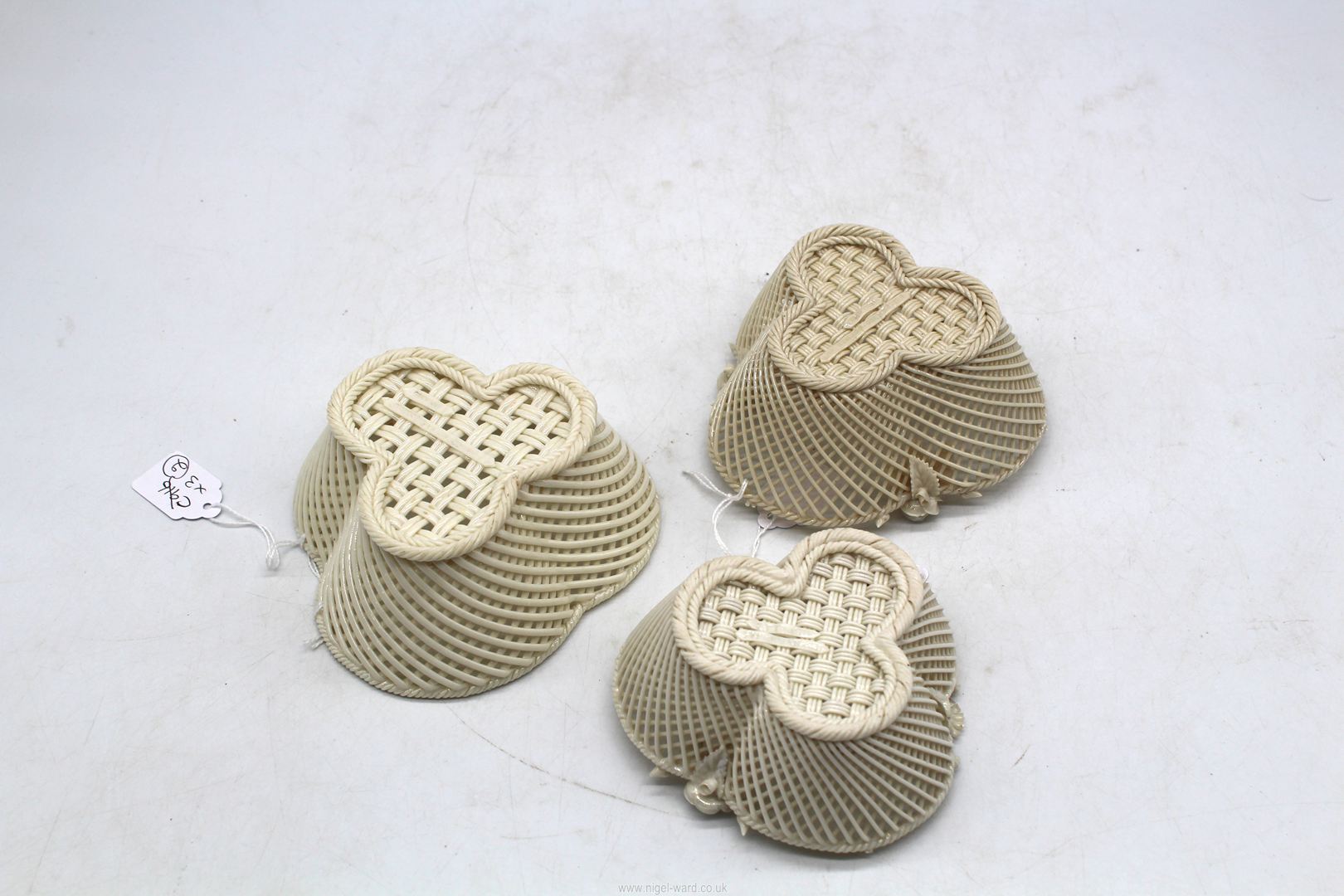 Three Belleek trefoil basket weave Dishes to include: Shamrock, (two ...