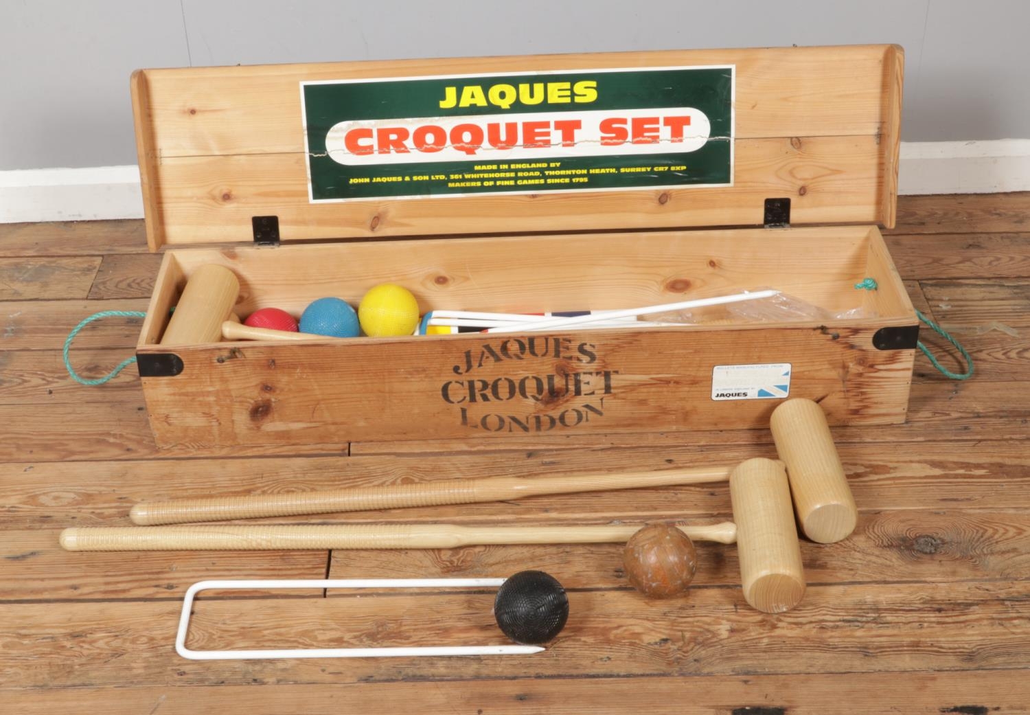 A Jaques of London Croquet set with mallets, balls and hoops housed in ...