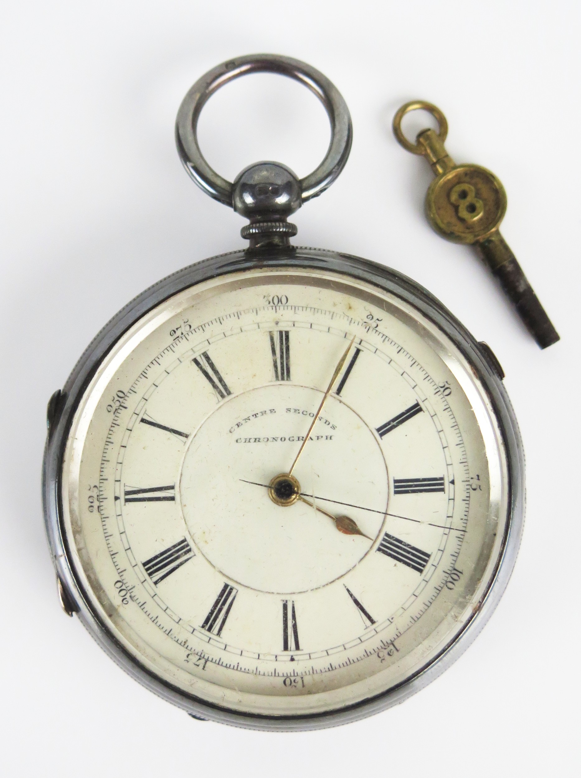 A Victorian silver cased open dial key wound chronograph pocket watch ...