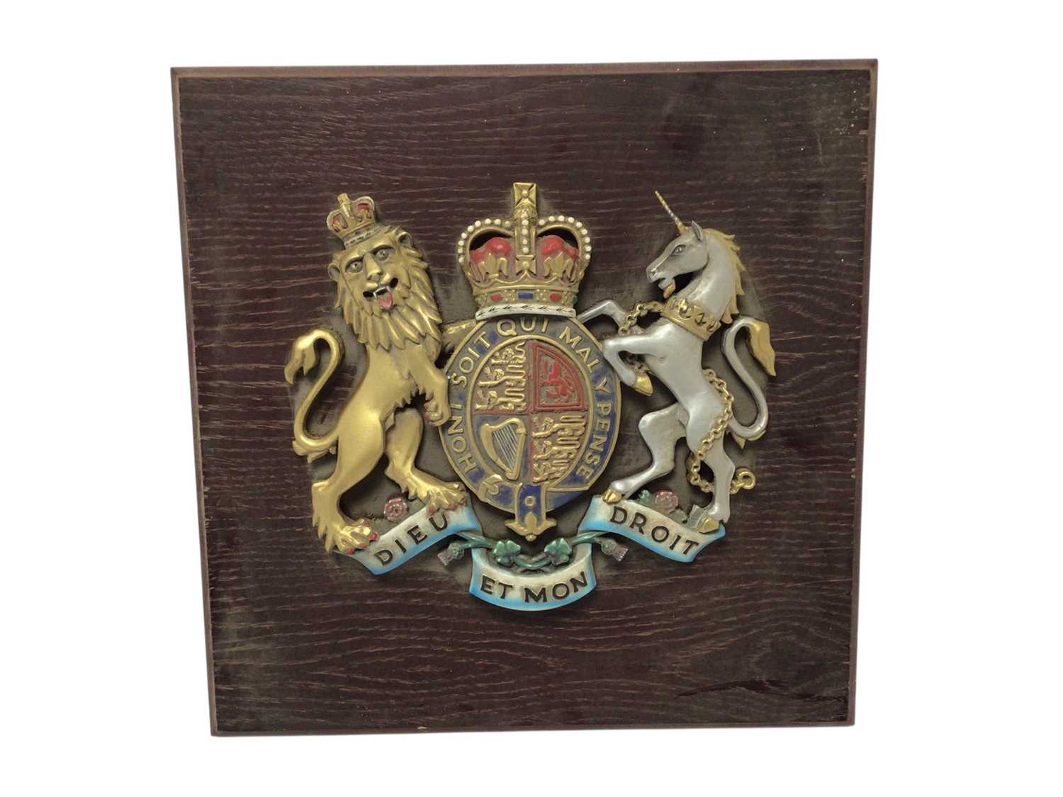 H.M. Queen Elizabeth II Royal Arms with polychrome decoration mounted ...