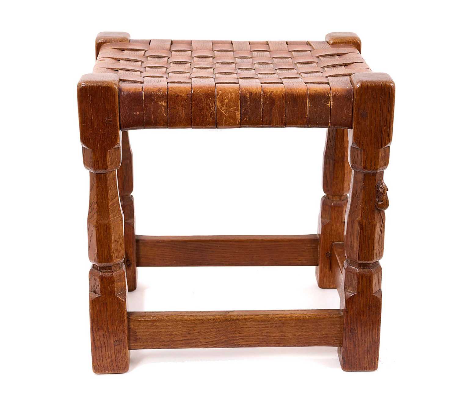 Robert Mouseman Thompson oak and woven leather stool, with signature ...