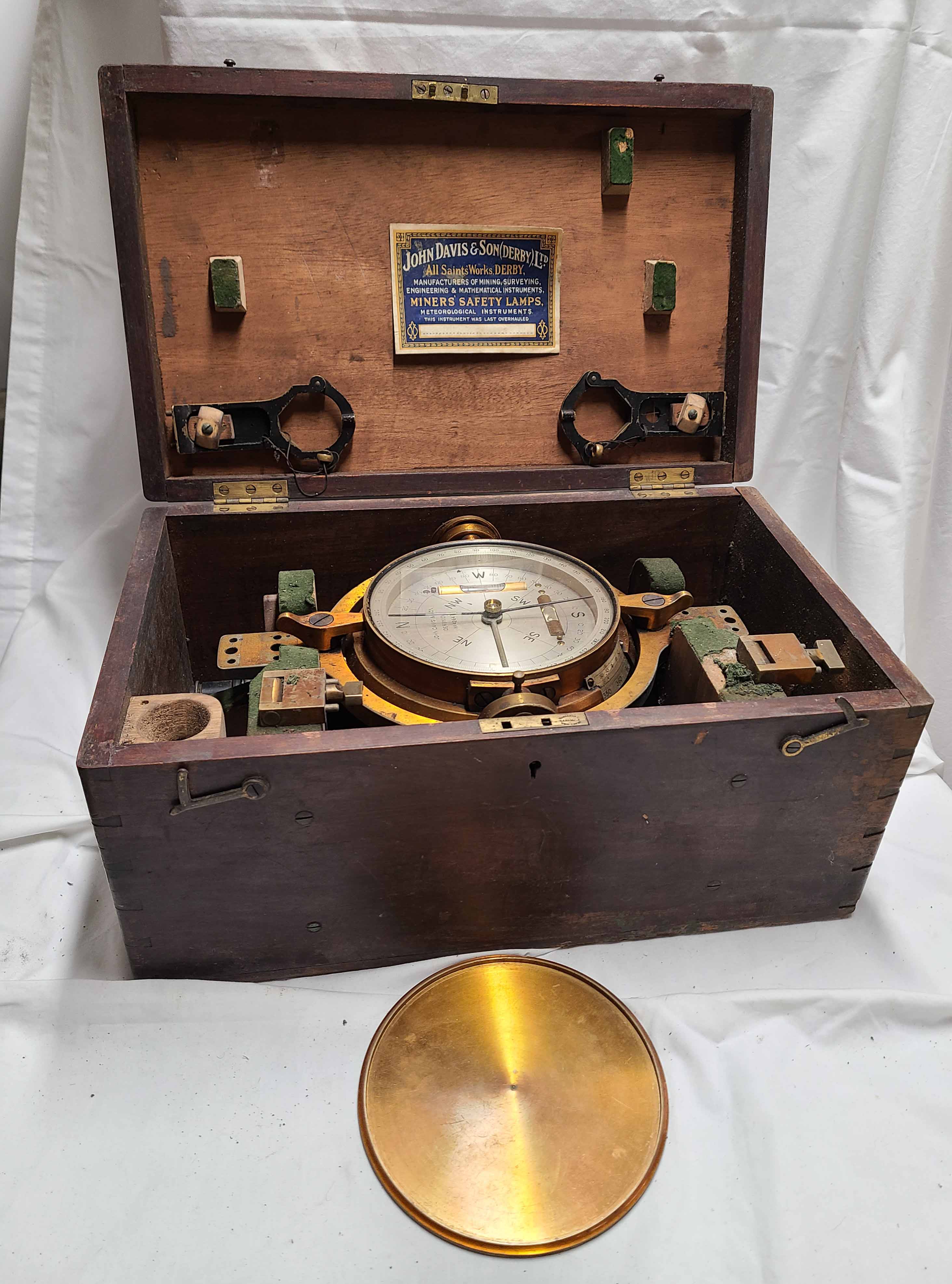 A John Davis & Son Hedley miner's 'dial compass' in fitted wooden case