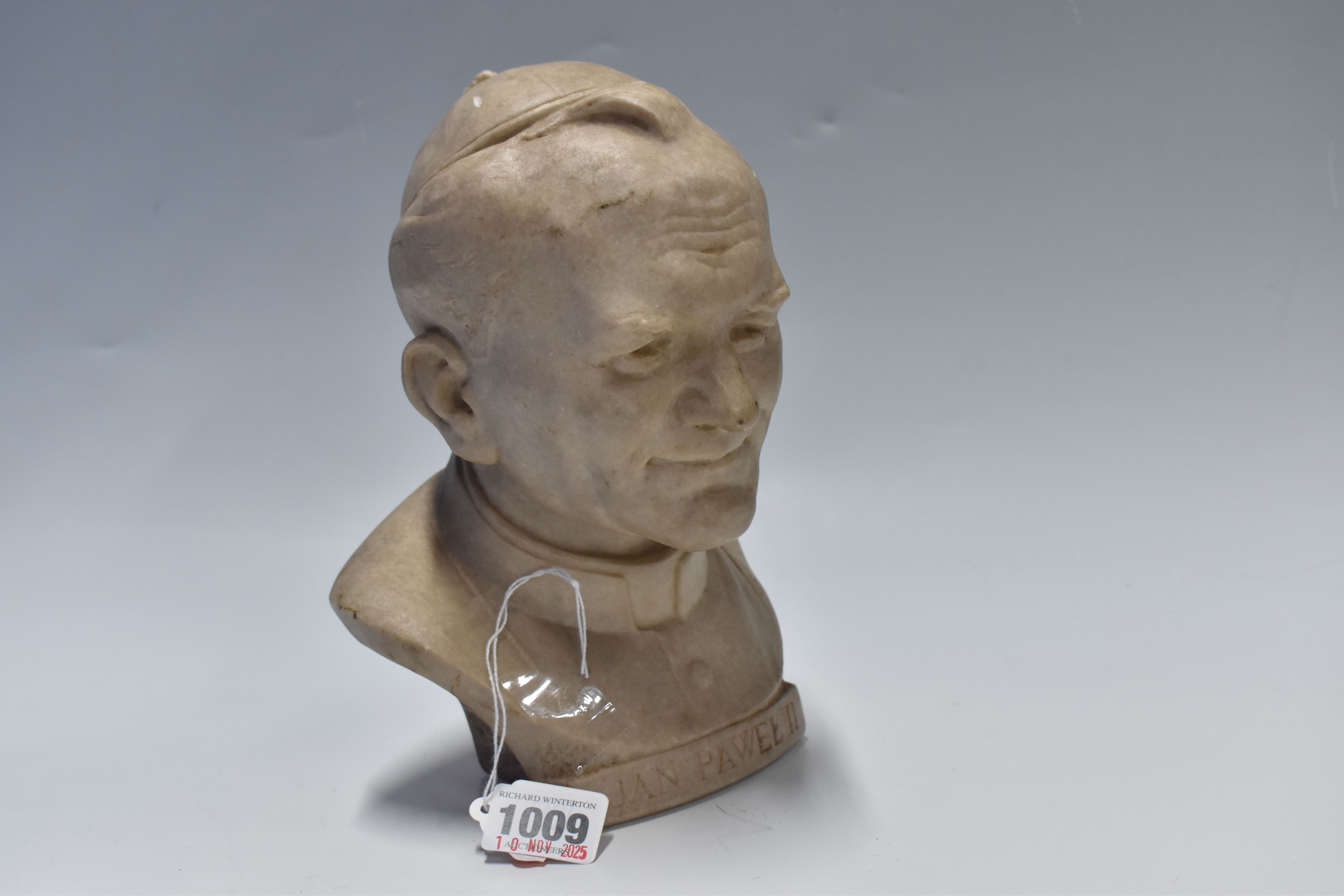 A POLISH STONE CARVED BUST OF POPE JOHN PAUL II, unsigned, height 23cm ...