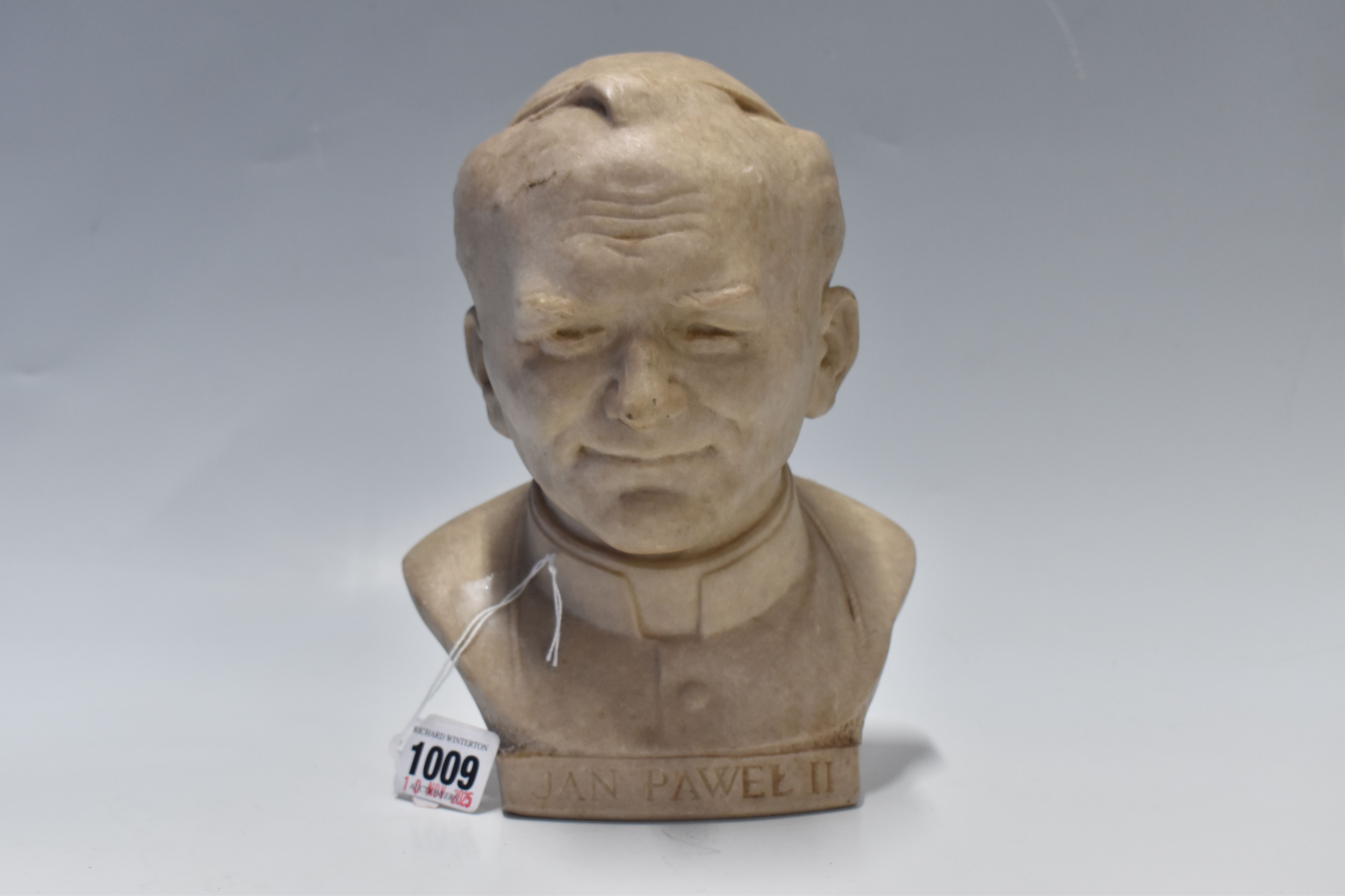 A POLISH STONE CARVED BUST OF POPE JOHN PAUL II, unsigned, height 23cm ...