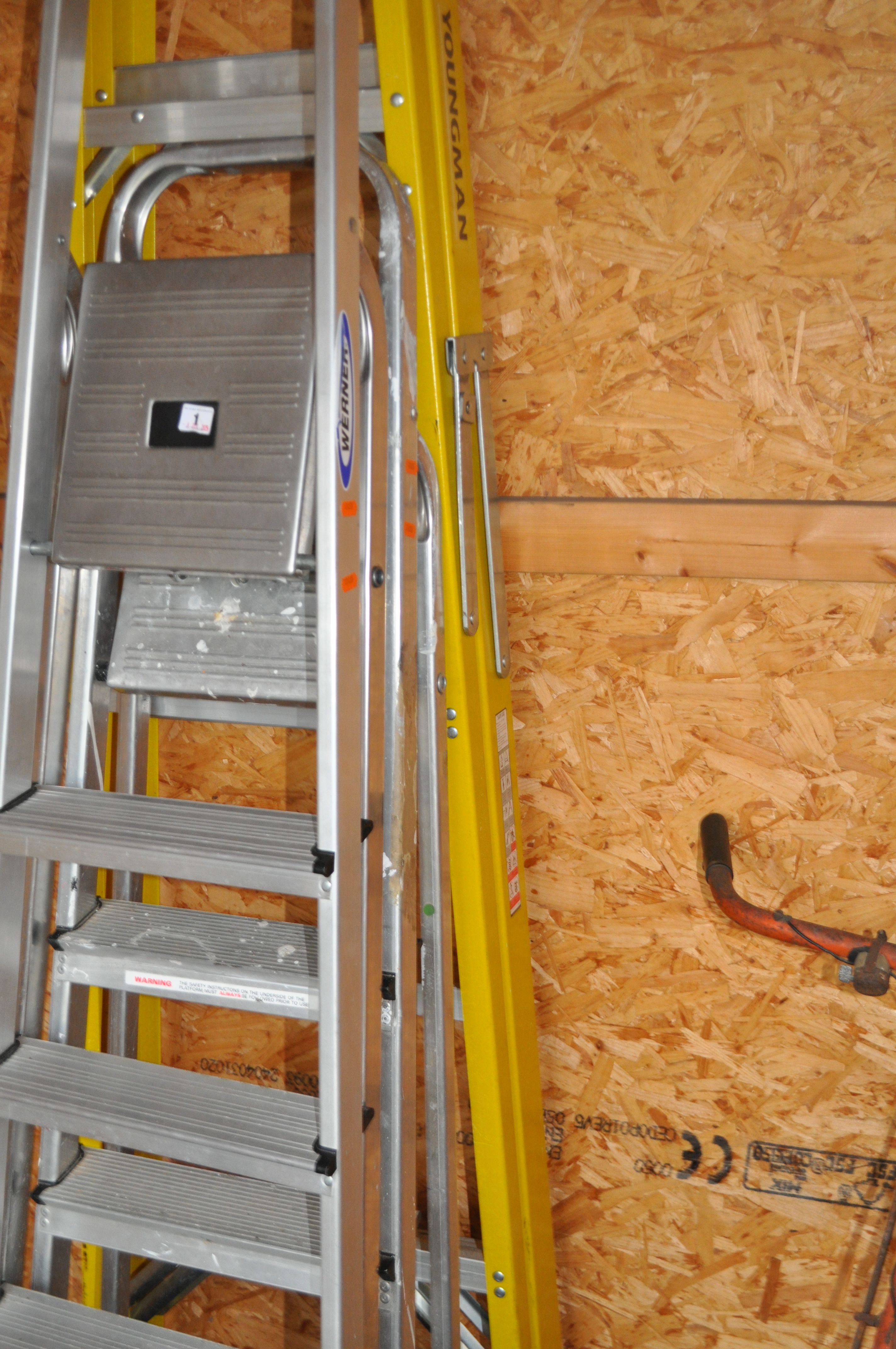 THREE ALUMINIUM STEP LADDERS AND TWO HANGING BASKETS including one ...