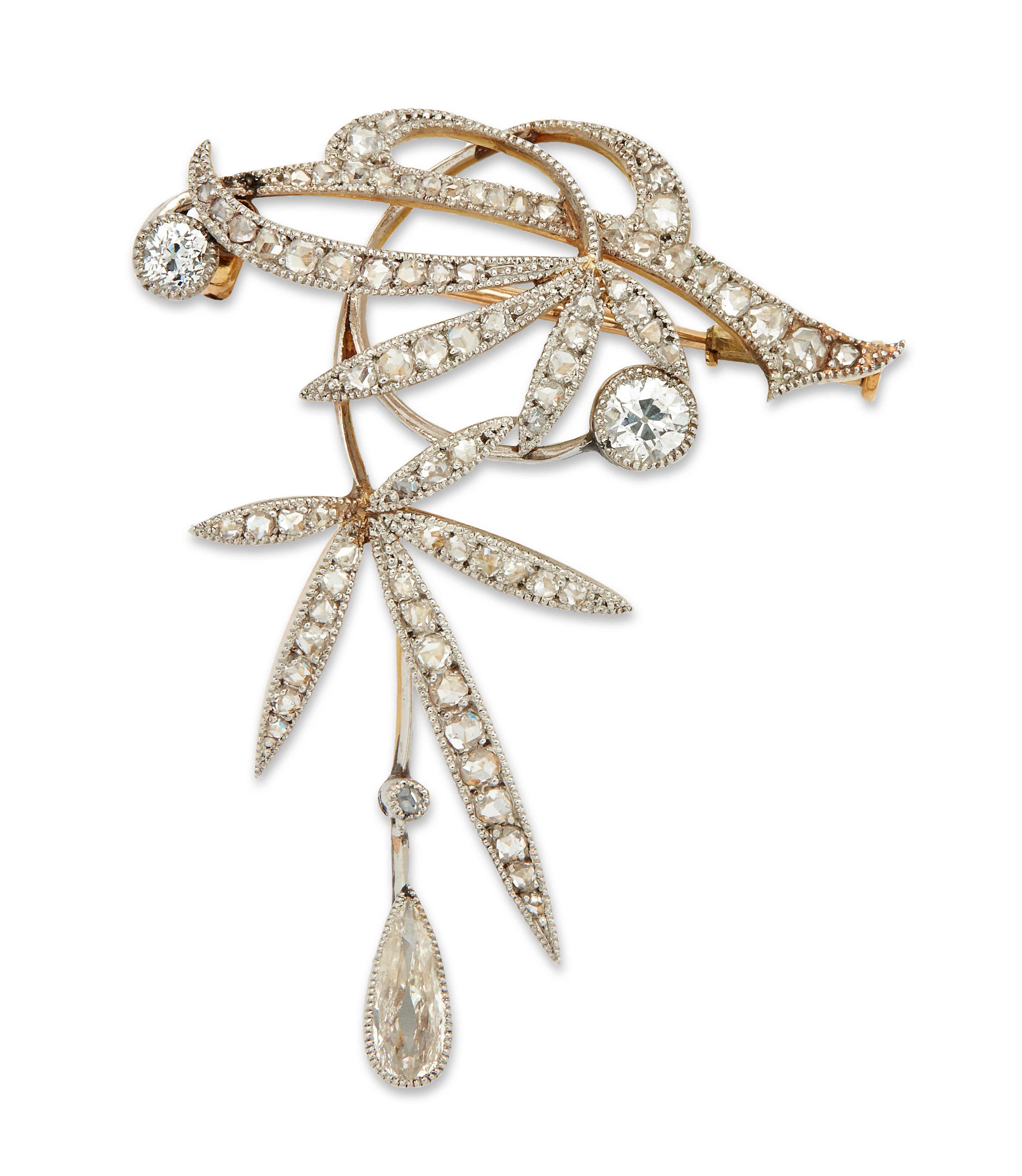 An Art Nouveau diamond brooch, of openwork foliate design, the leaves ...