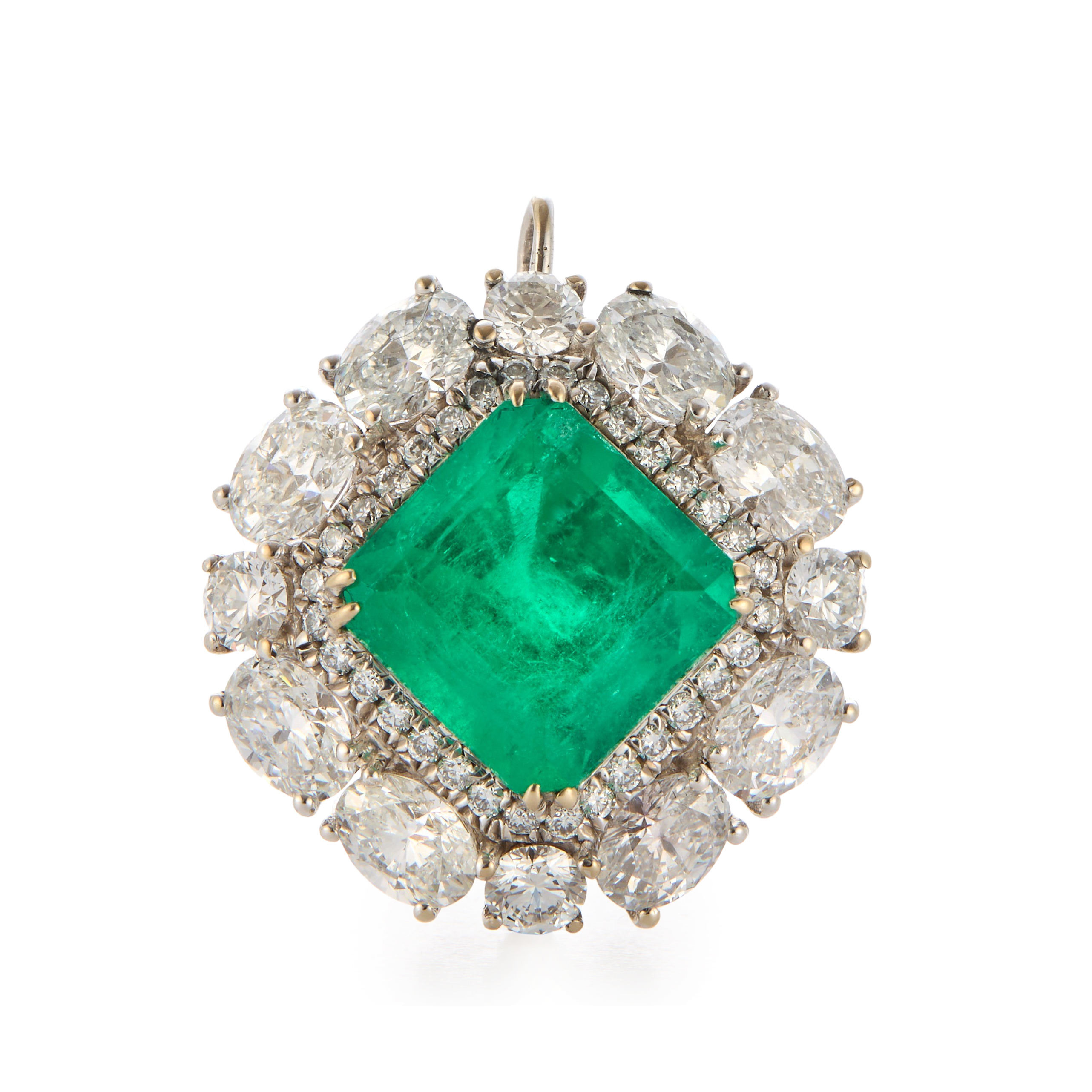An emerald and diamond cluster pendant, composed of a square step-cut ...