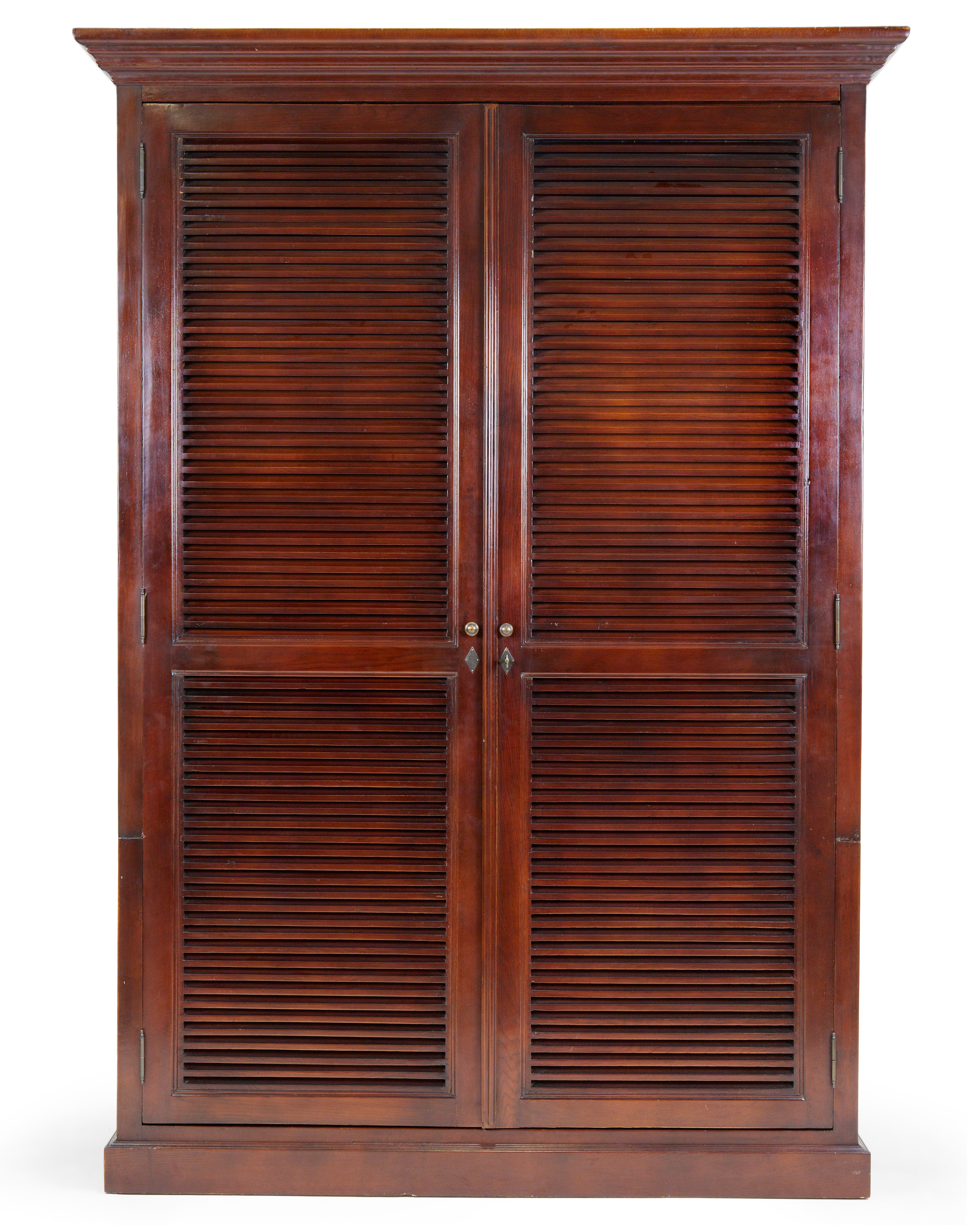 A modern lacquered oak wardrobe, with slatted doors, on plinth base ...