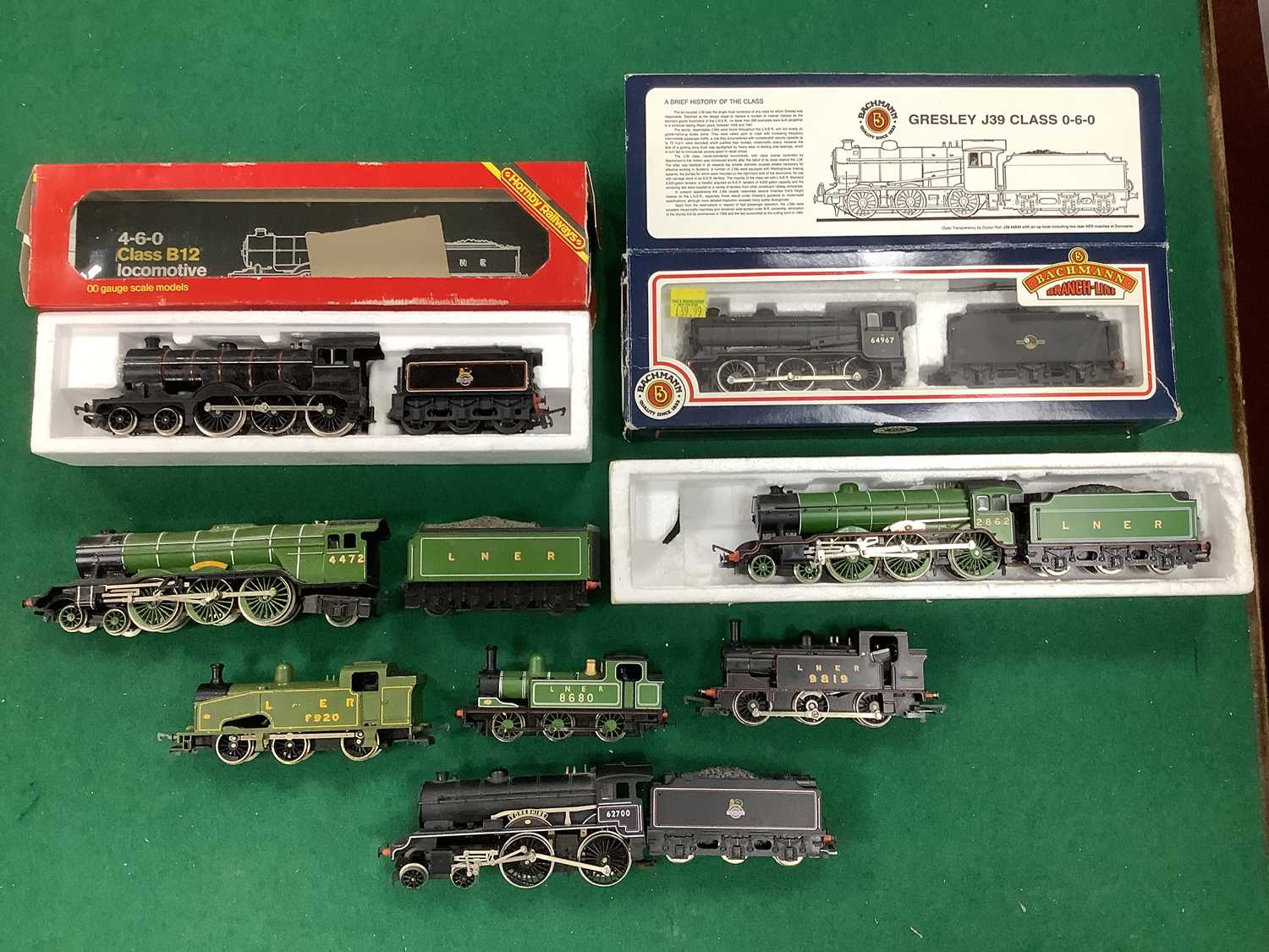 Eight 00 gauge LNER locomotives including a boxed Bachmann J39 in BR ...