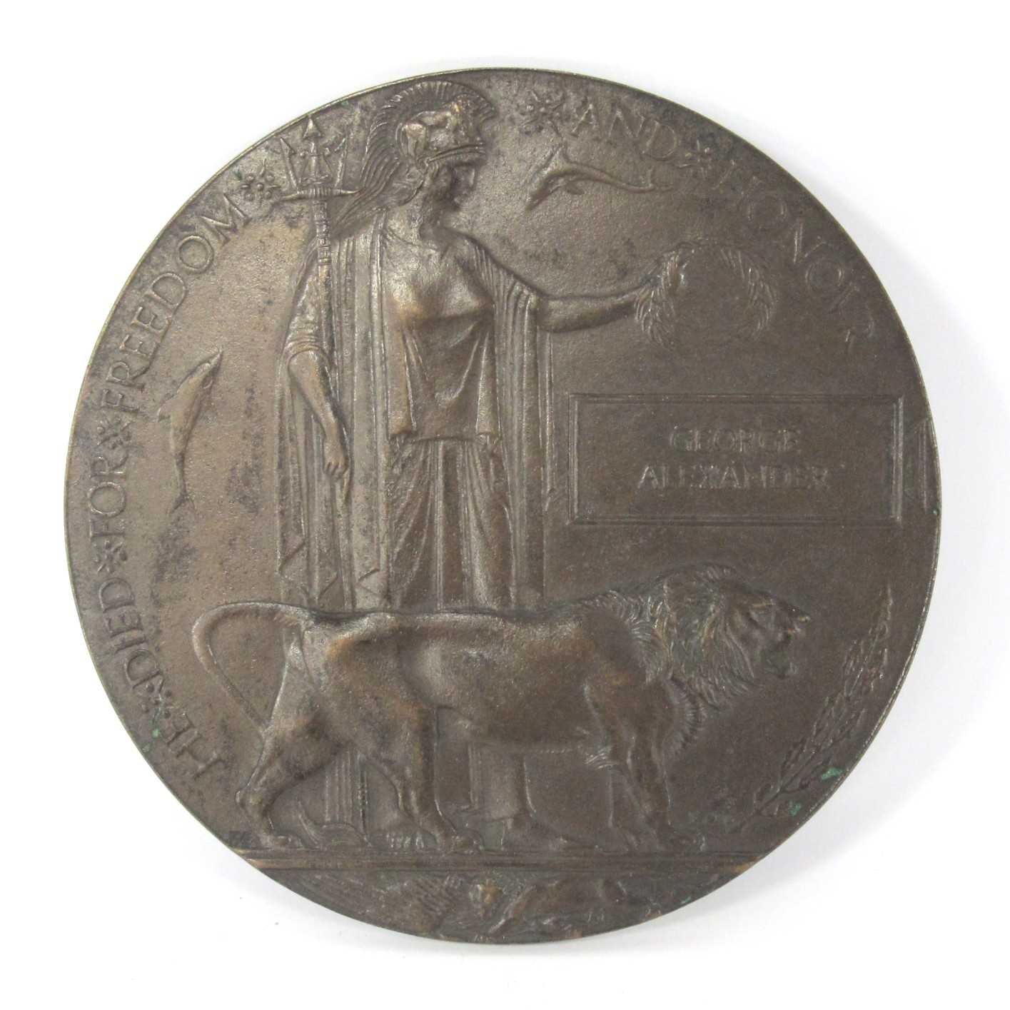WWI Memorial Plaque Death Penny Commemorating George Alexander.