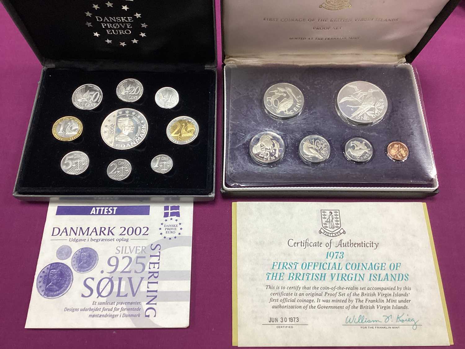 2002 Denmark Silver Euro Nine Coin Trial Set, together with a 1973 ...