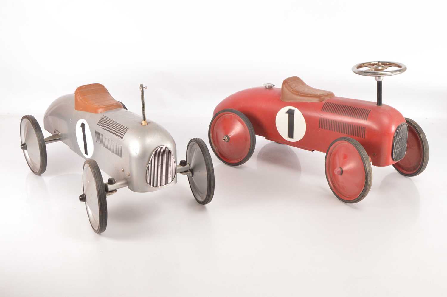 Pair of Goki ride on Children's Racing Cars, in red G and silver F ...