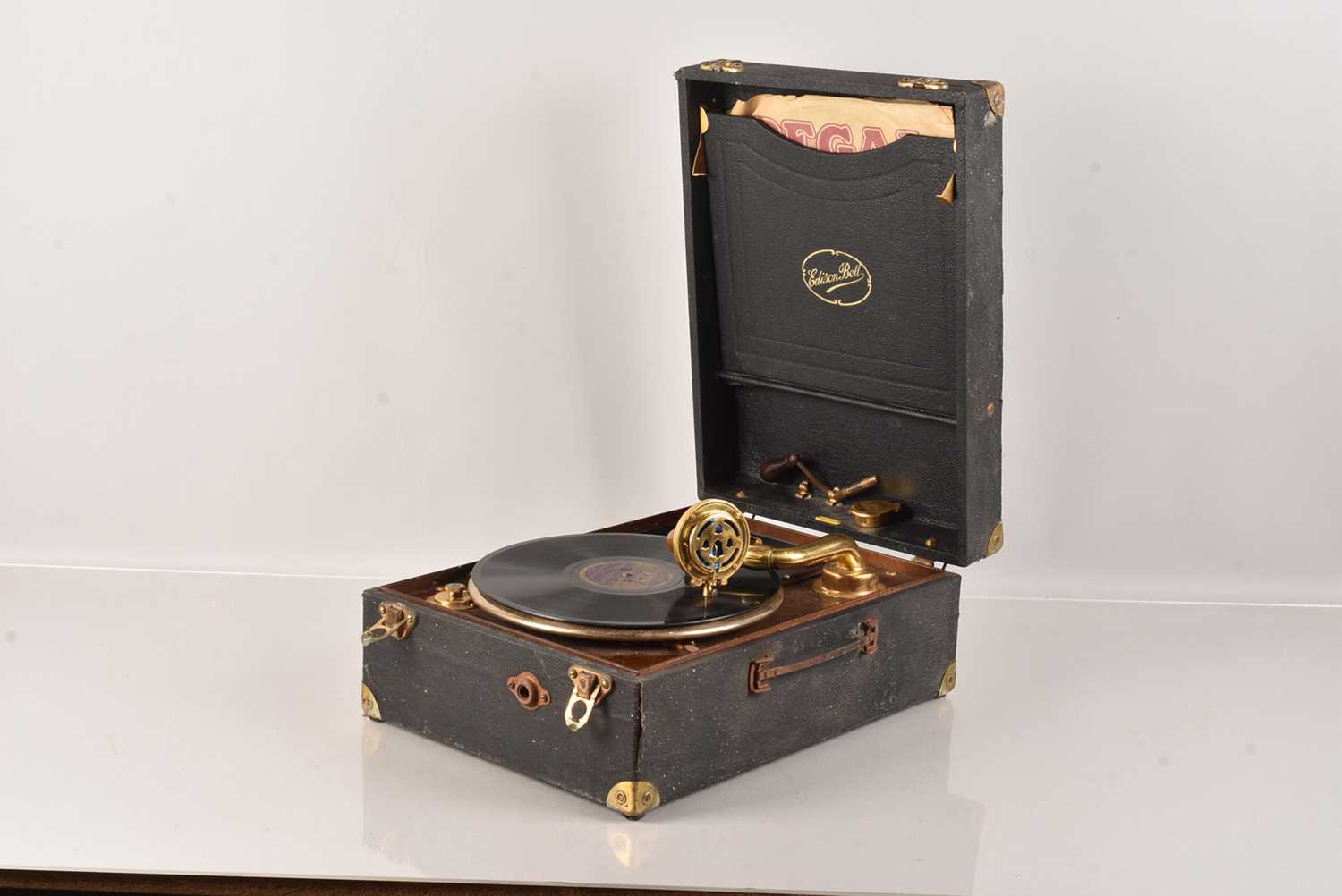 An Edison Bell Portable Gramophone, serial EB321G, in black case
