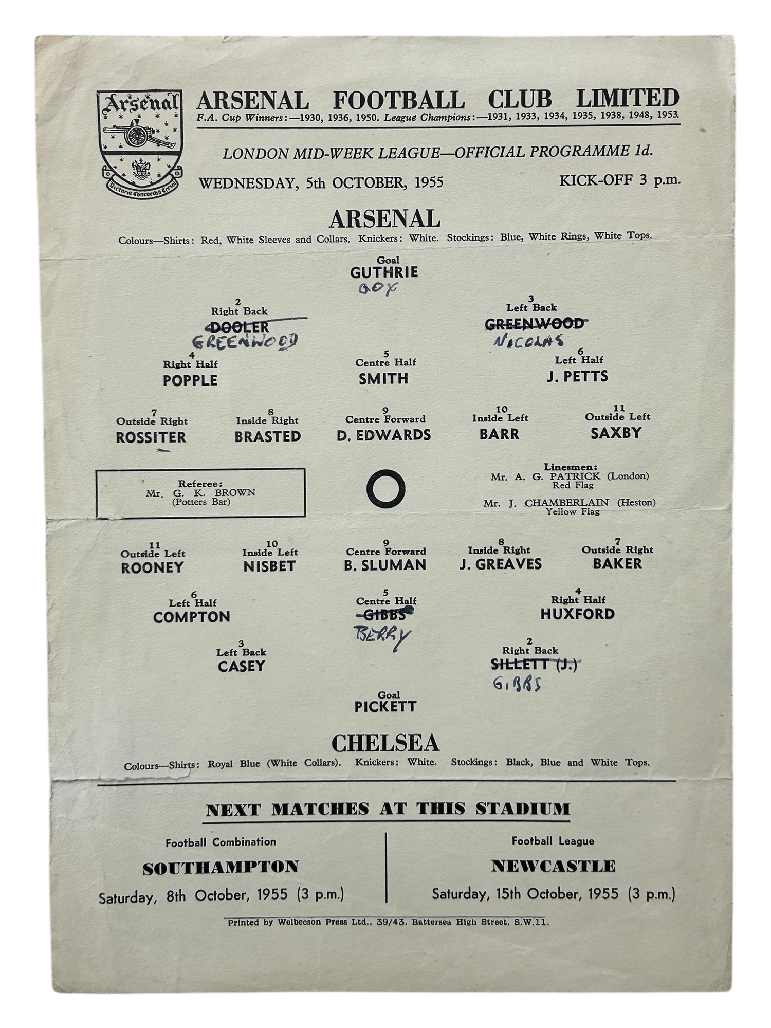 ARSENAL VERSUS CHELSEA 1955/56 FOOTBALL PROGRAMME, 5/10/1955, LONDON ...