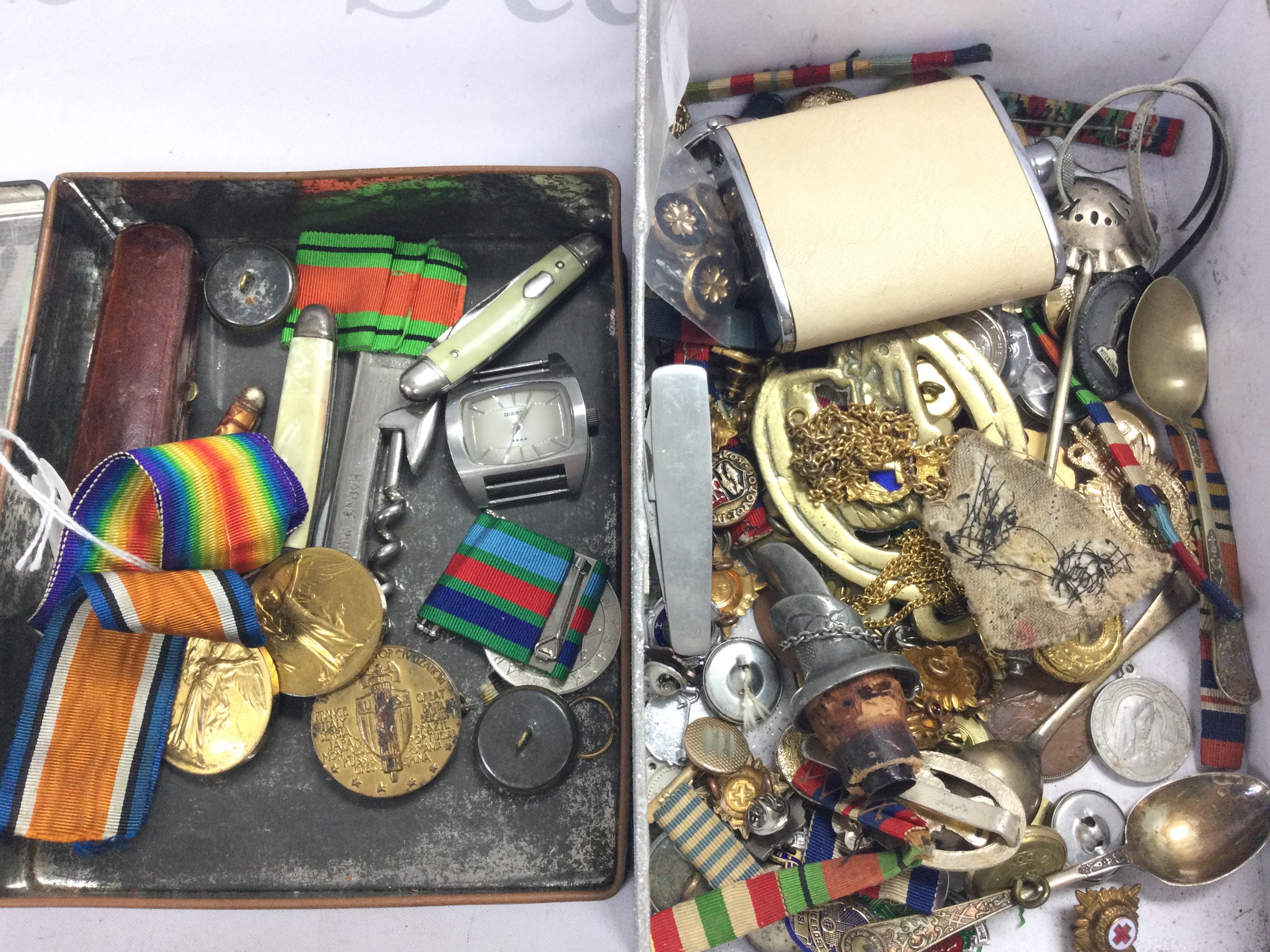 A collection of military items including WW1 victory medals presented ...