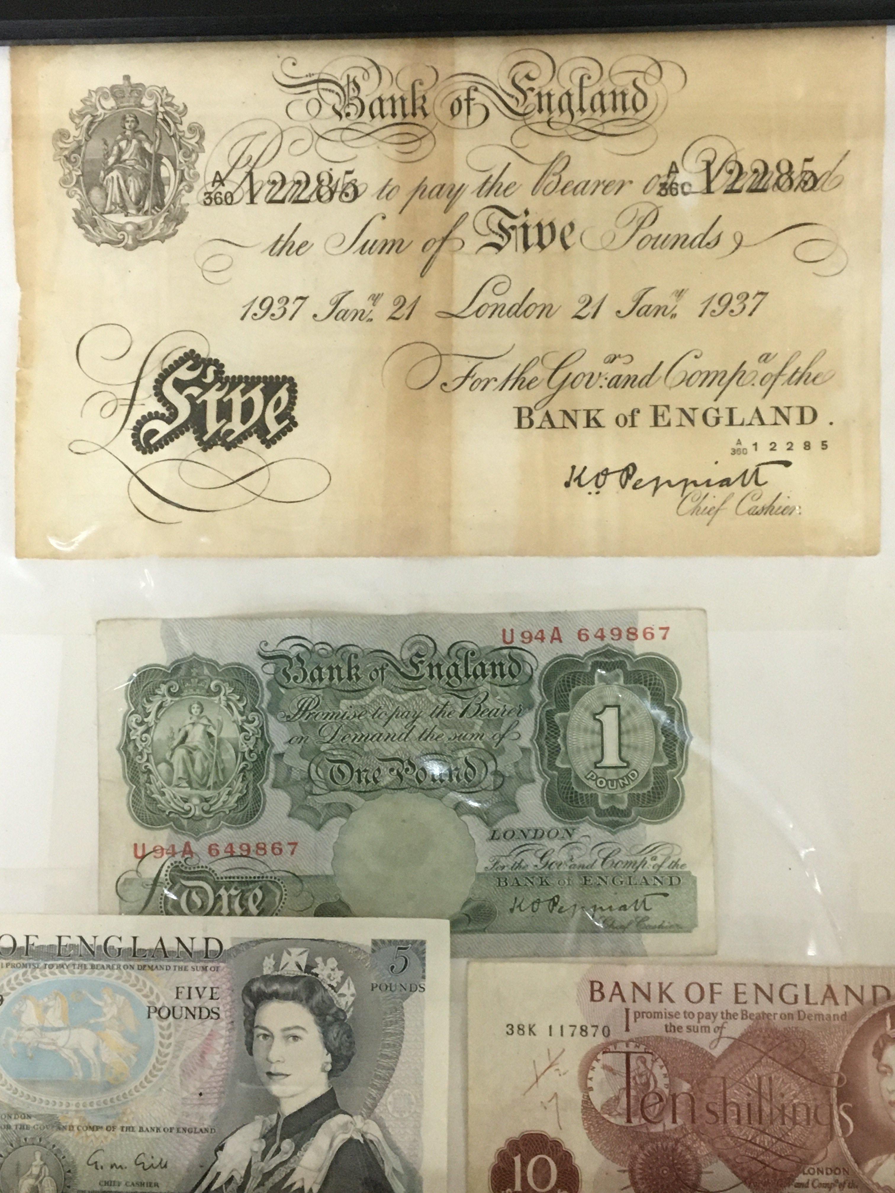 A collection of framed bank notes including a 1937 white five pound ...