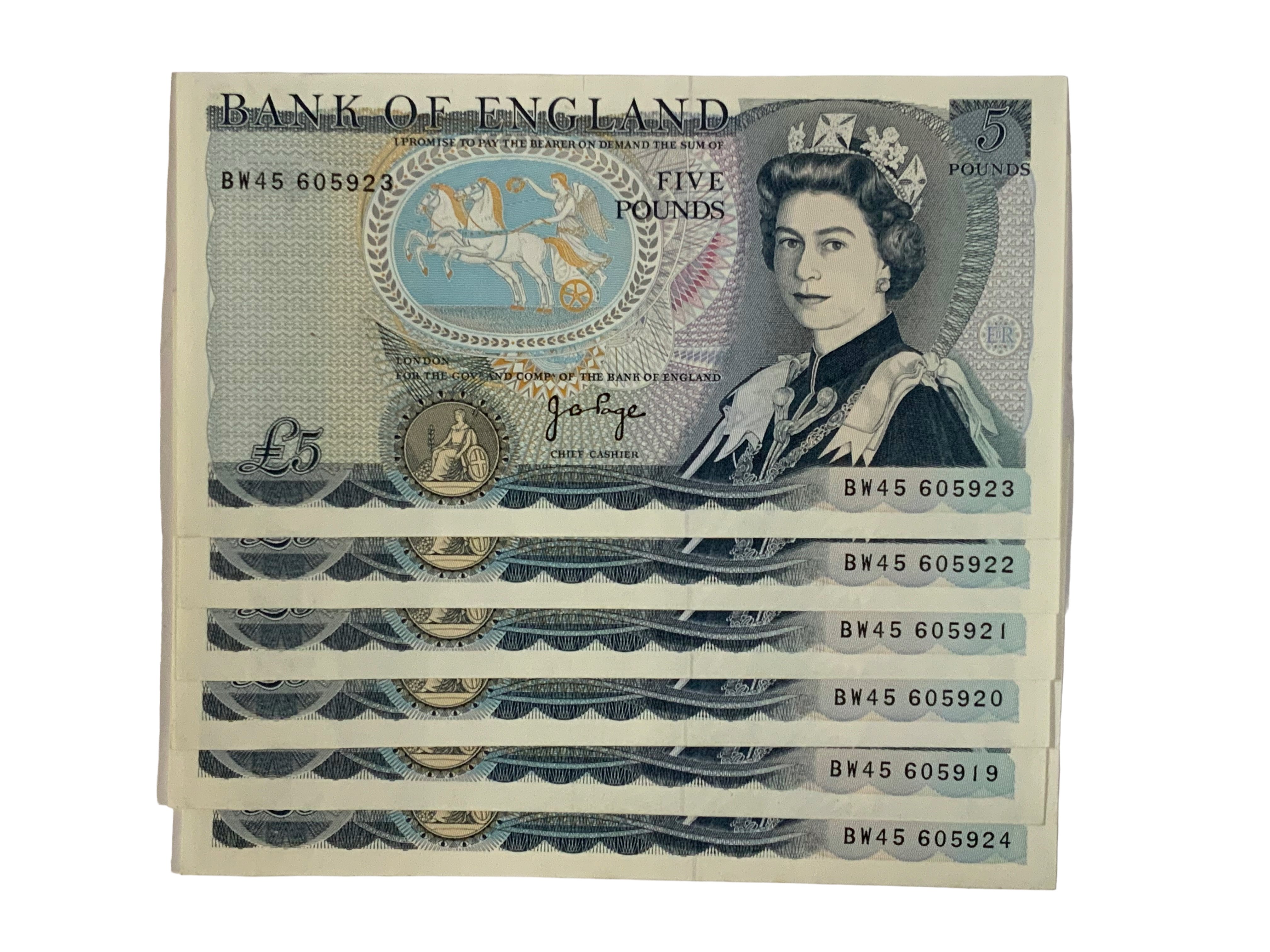 1970-1980 Bank of England issue 5 Pound Note, Blue Duke of Wellington ...