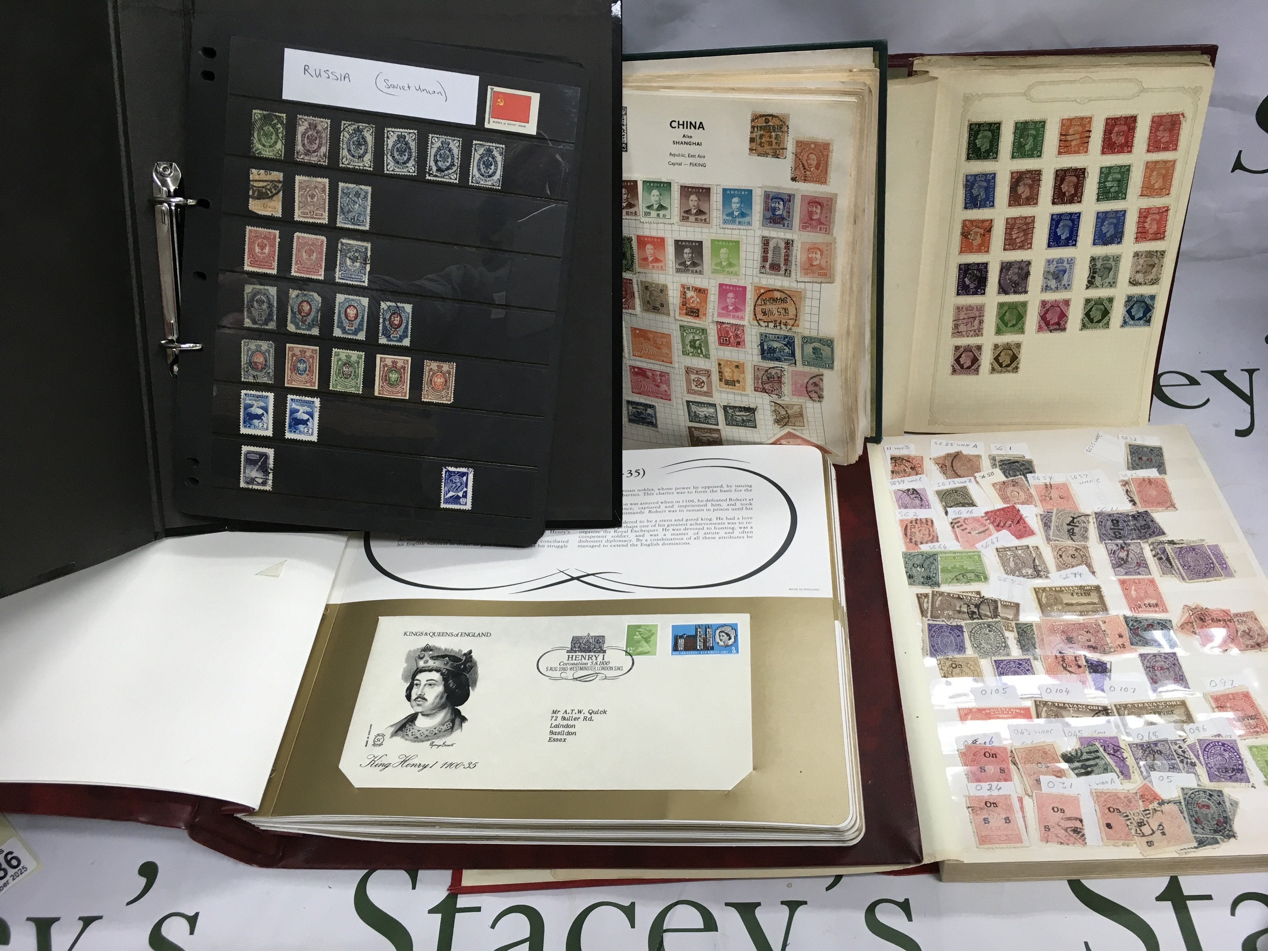 Three boxes of stamps and first day covers. Shipping category D.