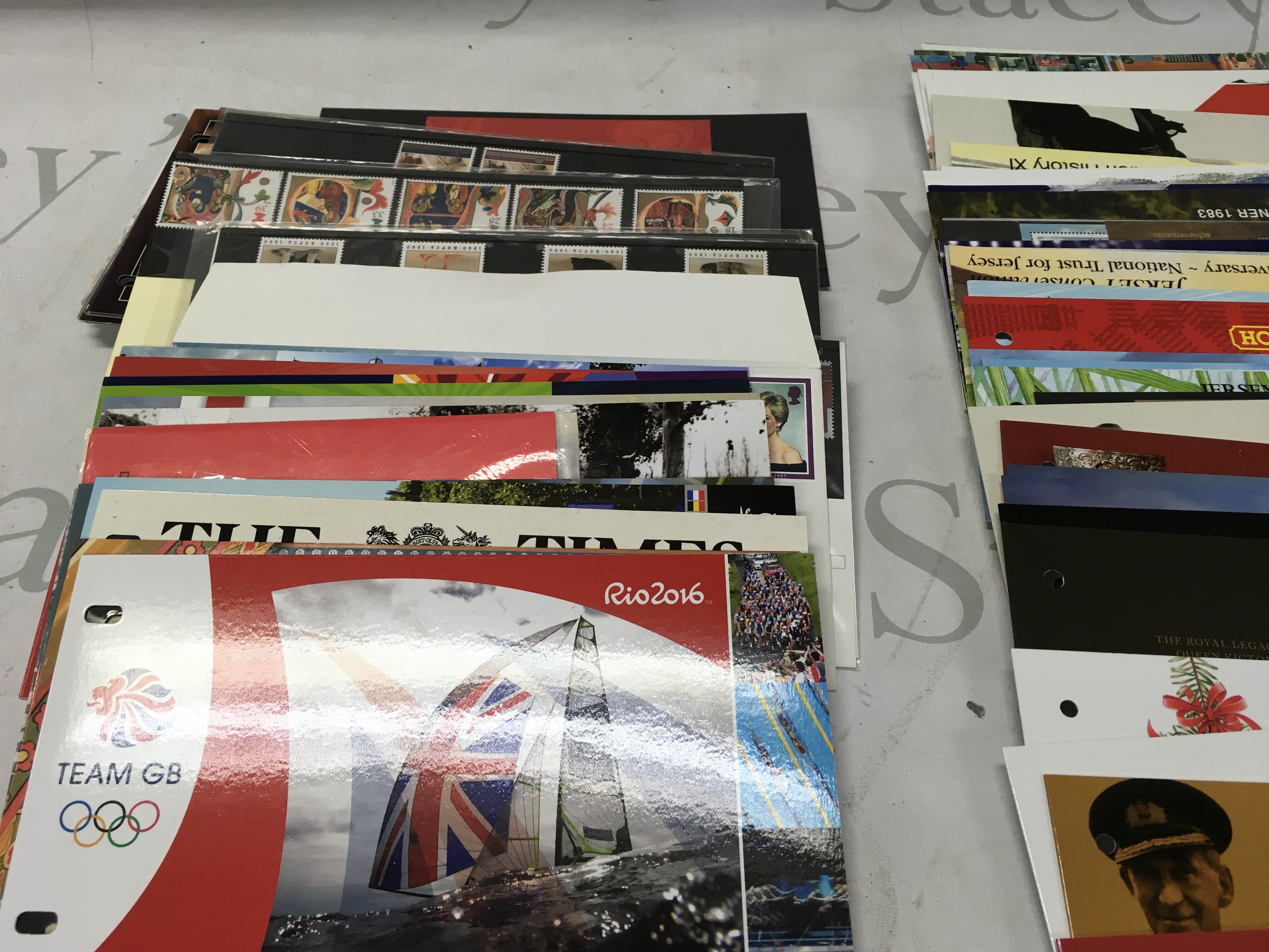 A box of presentation stamp packs. Postage B