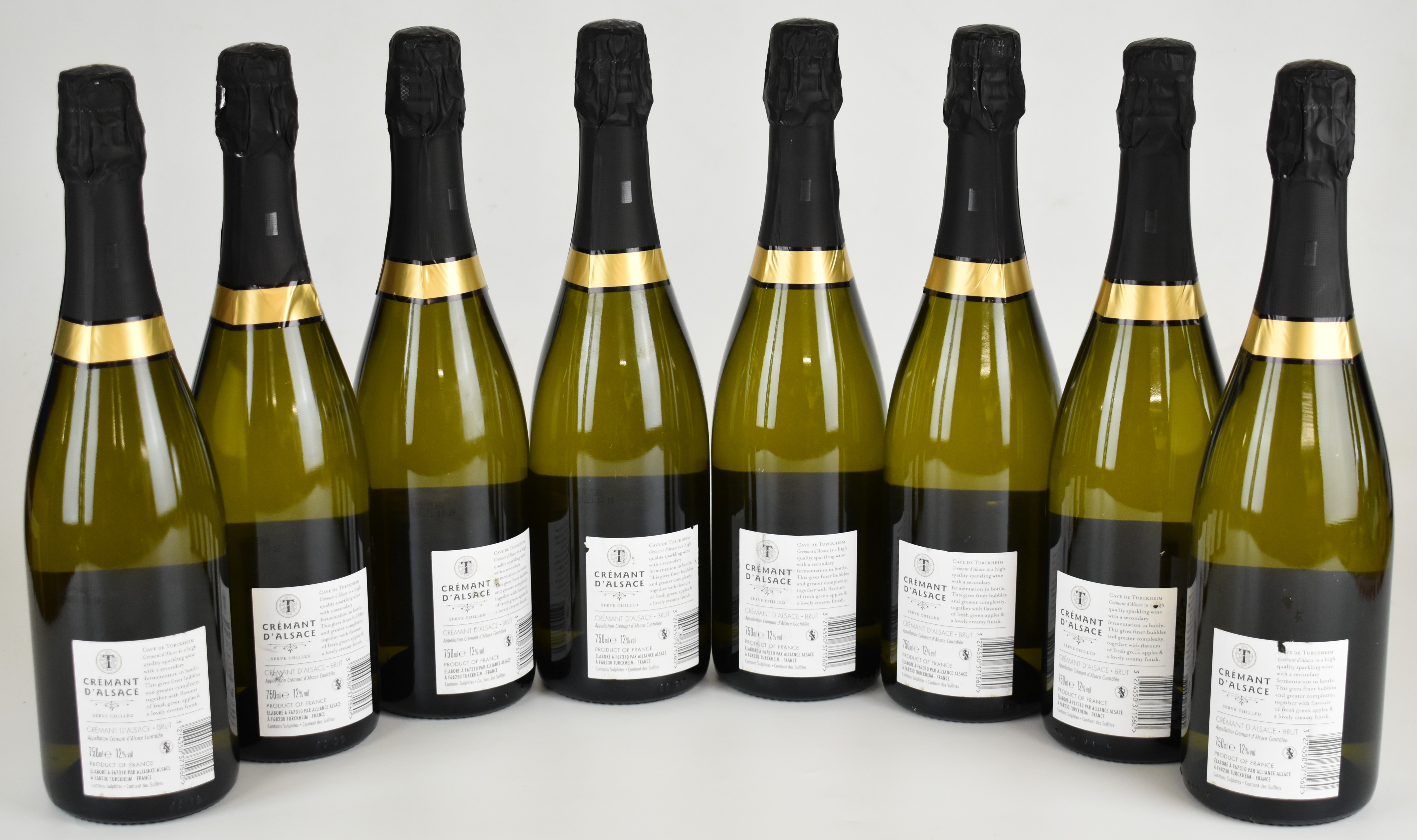 Eight bottles of Crémant d'Alsace Brut sparkling wine, 12% vol, 75cl ...