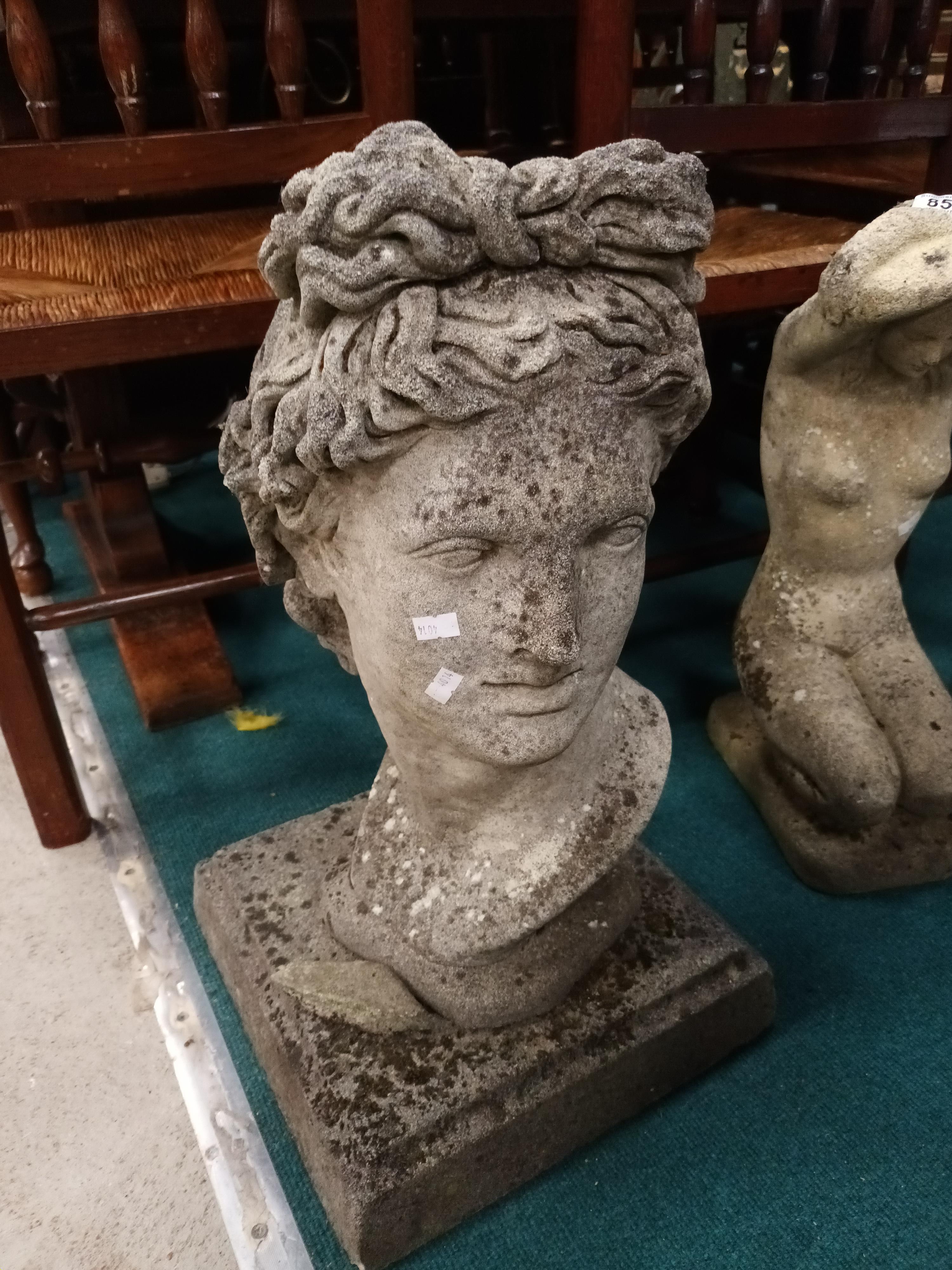 Cast concrete garden bust on base H56cm