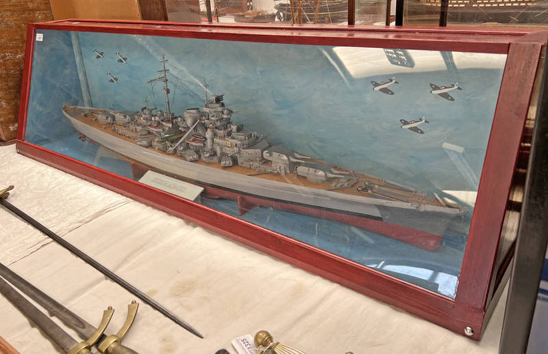 BISMARCK MODEL BOAT IN GLAZED WOODEN DISPLAY CASE, 140 CM LONG