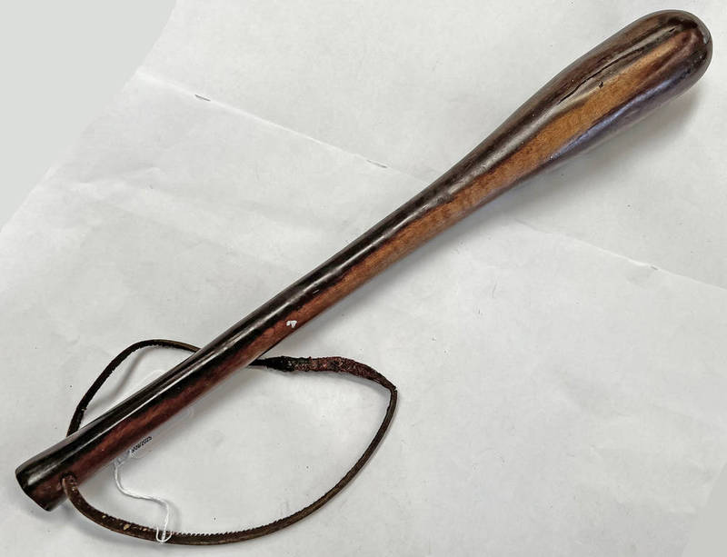 HARDWOOD TRUNCHEON / CLUB WITH TAPERING OBLONG HEAD & LEATHER LANYARD ...