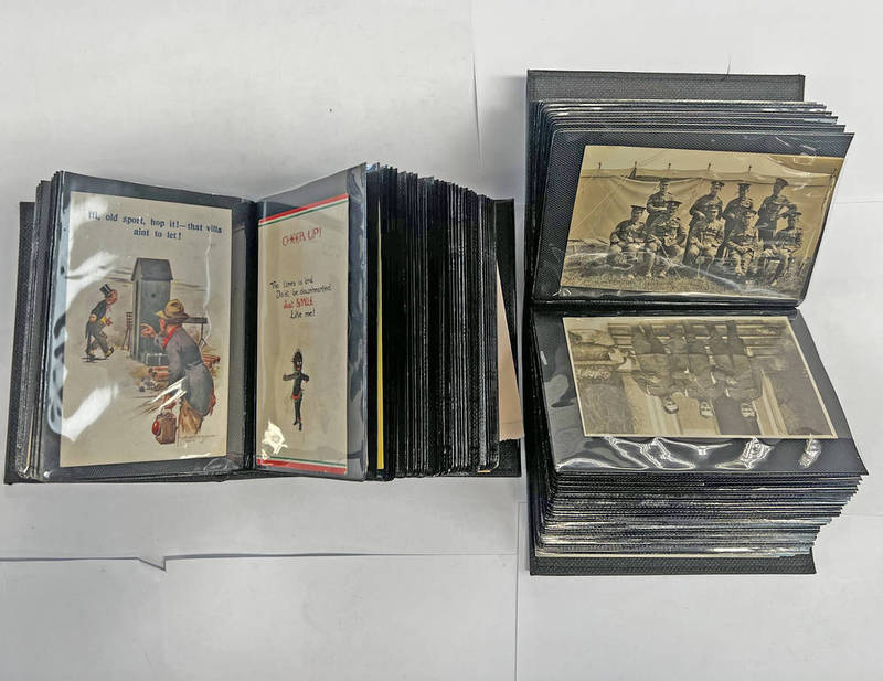 TWO POSTCARD ALBUMS WITH CONTENTS TO INCLUDE WW1 RELATED CARDS, BRITISH ...