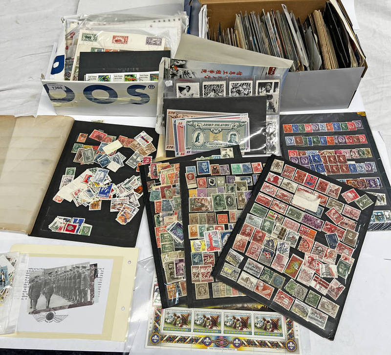 TWO BOXES OF STAMPS, WORLDWIDE ON SHEETS, IN PACKETS, CLUB BOOKLETS ...