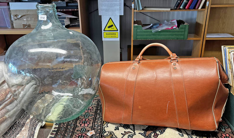 GLASS CARBOY 57CM TALL AND A LEATHER BAG -2-