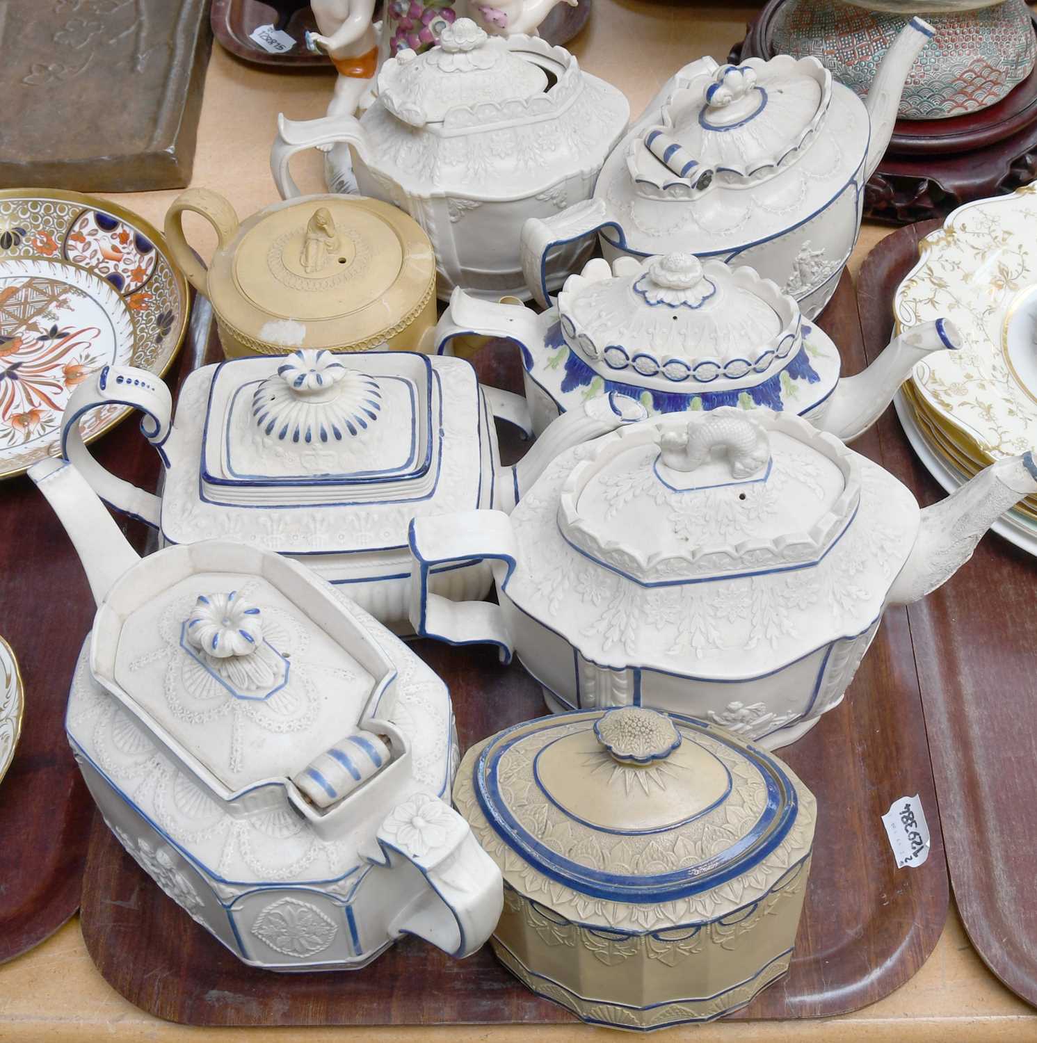 Six Castleford Type Felspathic Stoneware Teapots, circa 1810, a Mayer ...