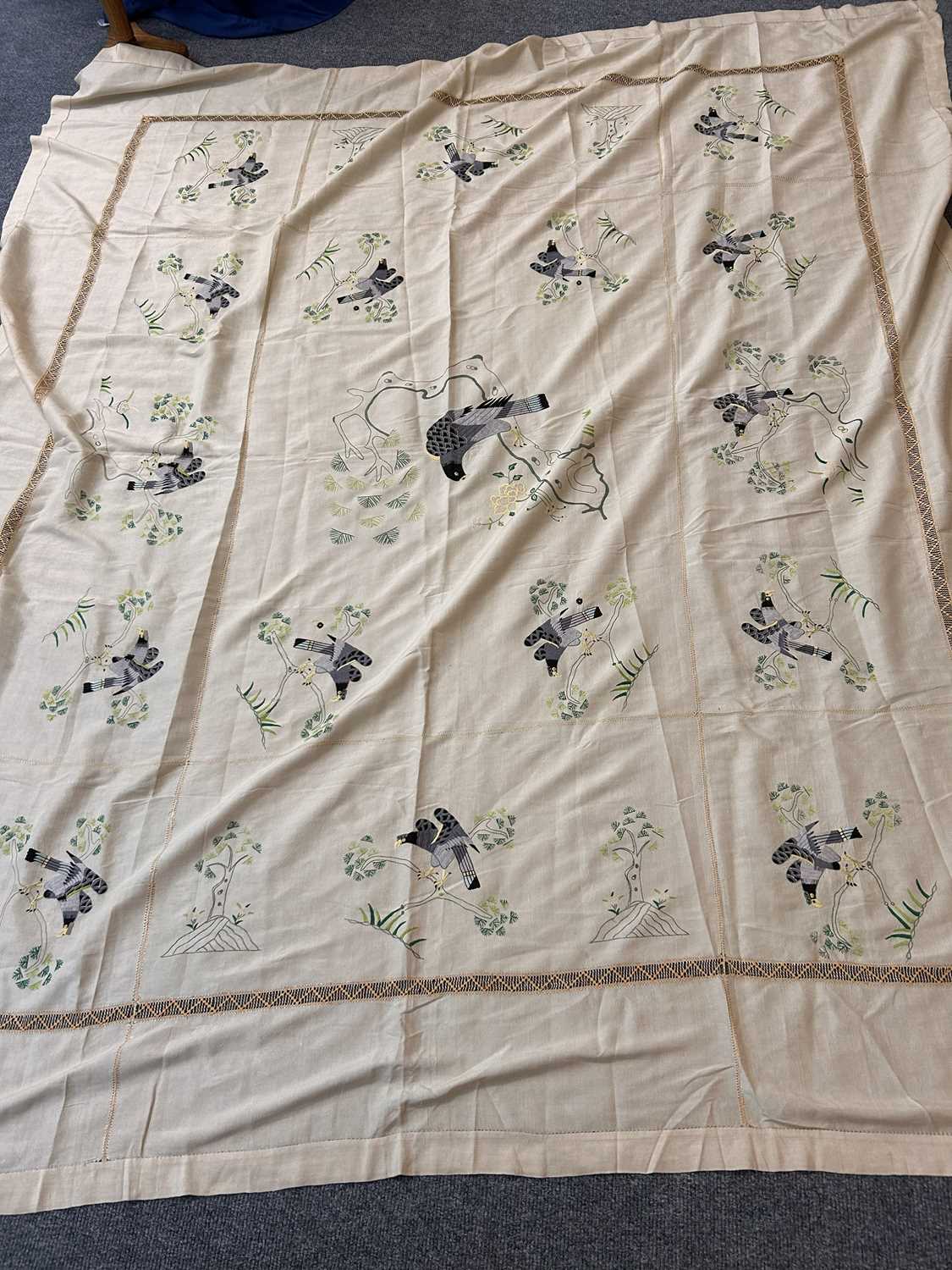 Early 20th Century Embroidered Bed Covers/Throws comprising a cream linen example, silk embroider