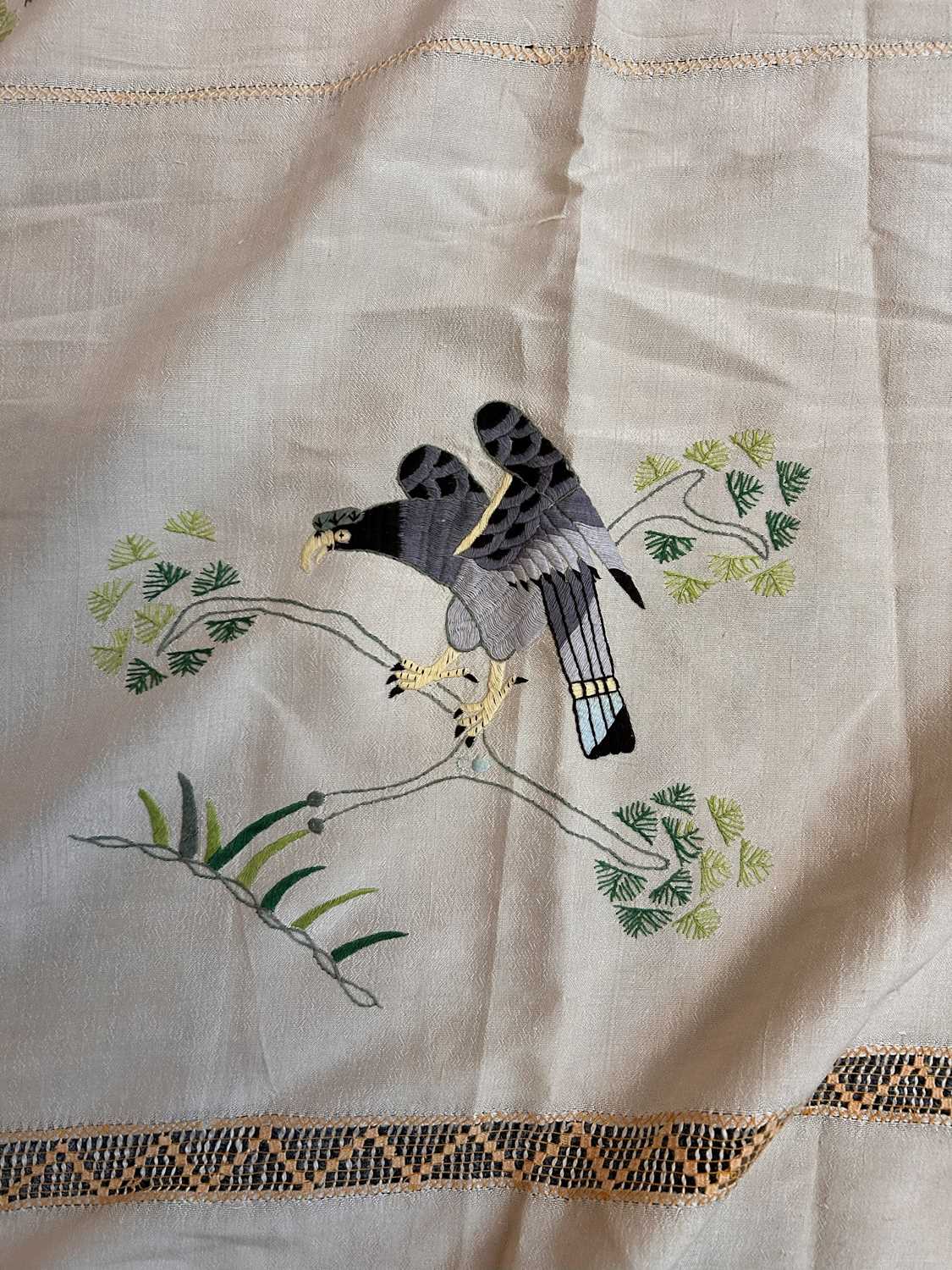 Early 20th Century Embroidered Bed Covers/Throws comprising a cream linen example, silk embroider