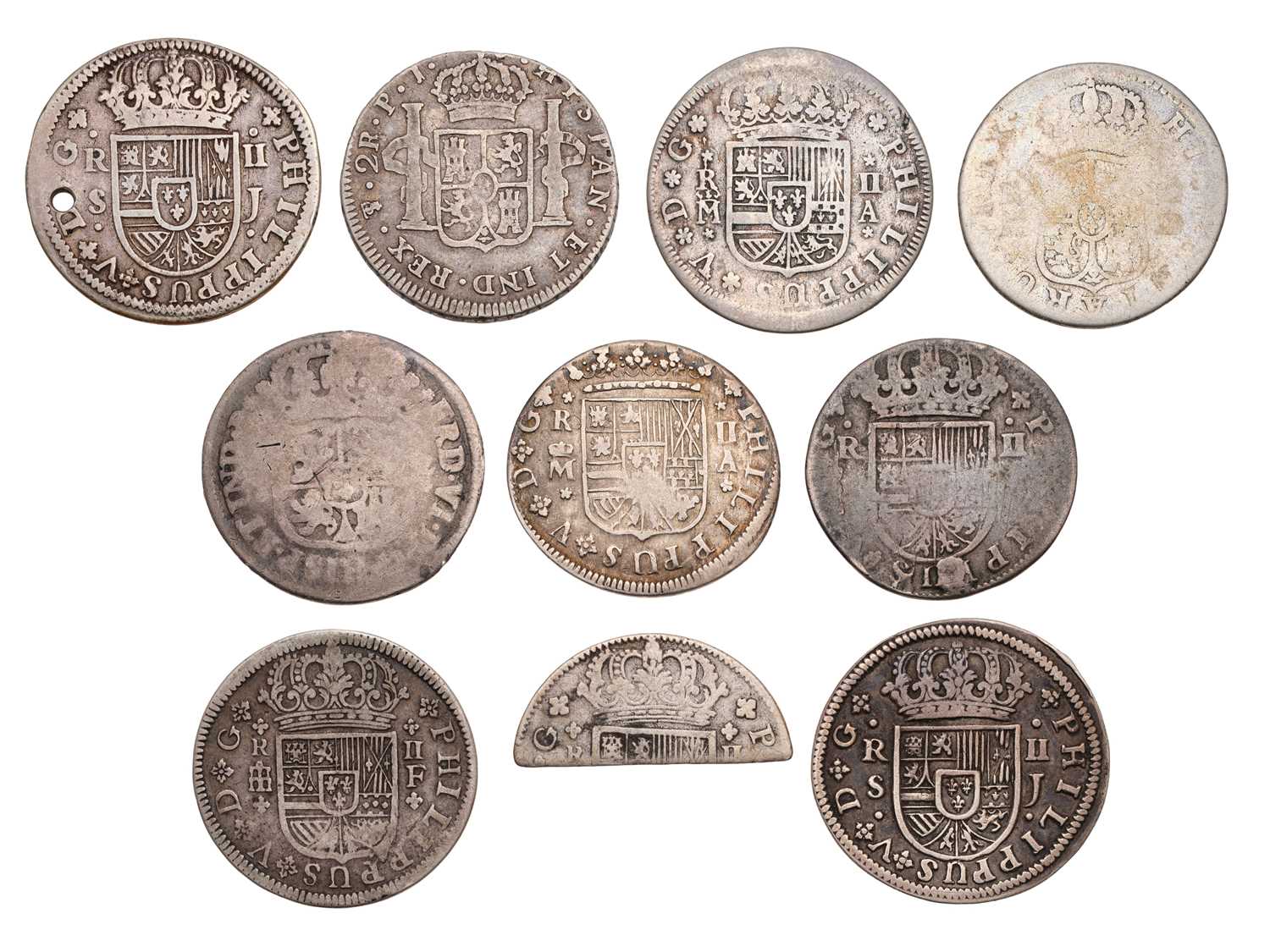 Spanish Empire, Assorted 2 Reales Coins, 10 in total, 1 of which is cut ...
