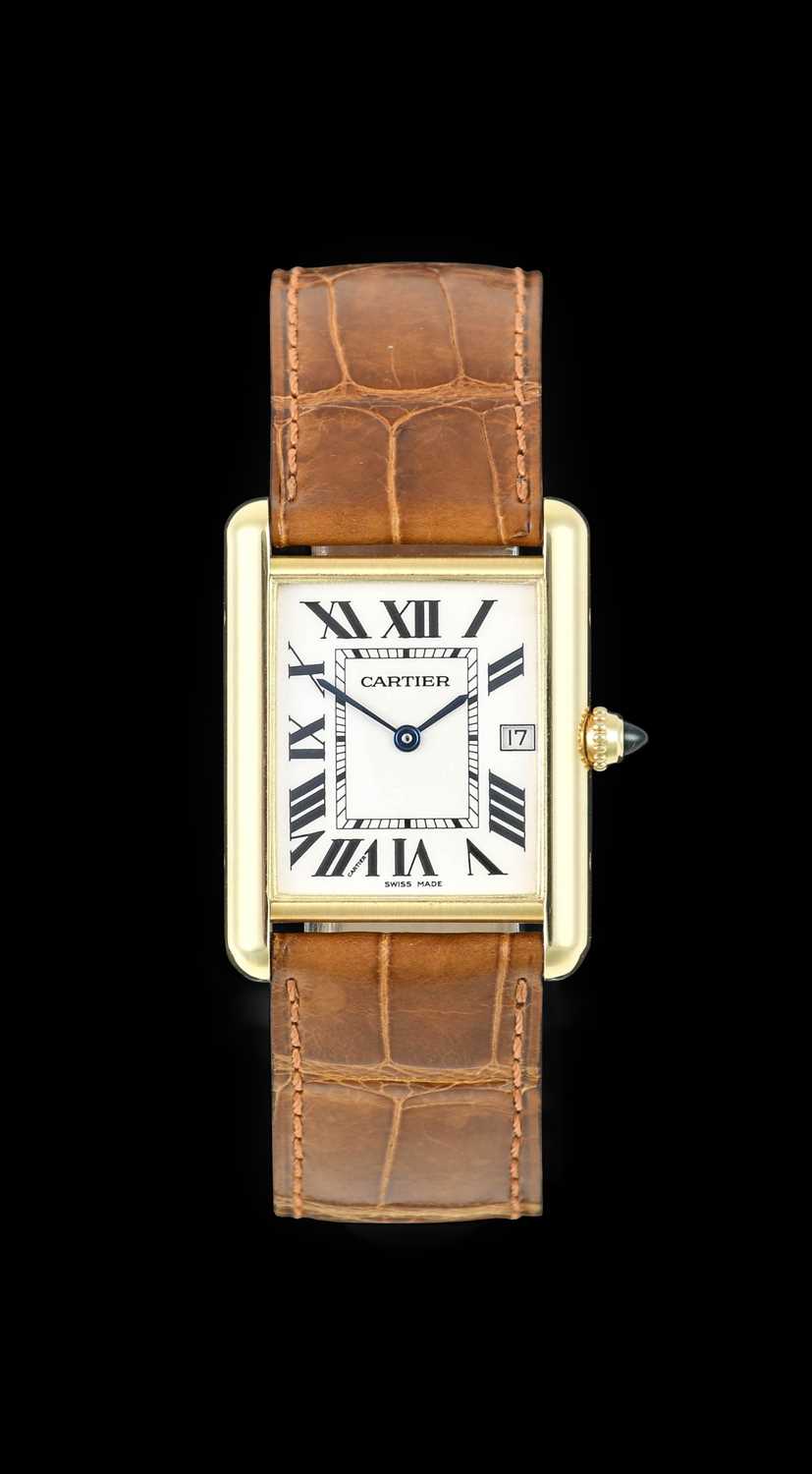 Cartier: An 18 Carat Gold Rectangular Calendar Wristwatch, signed ...