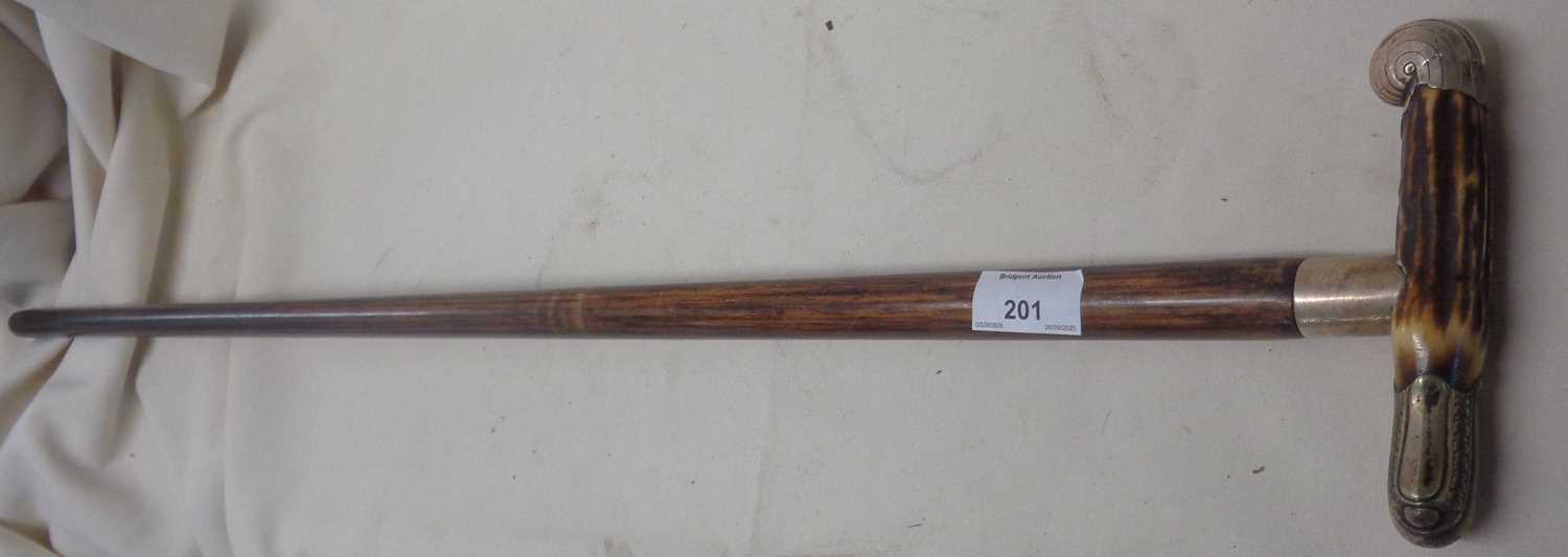Victorian horn handled walking cane with a corkscrew in handle