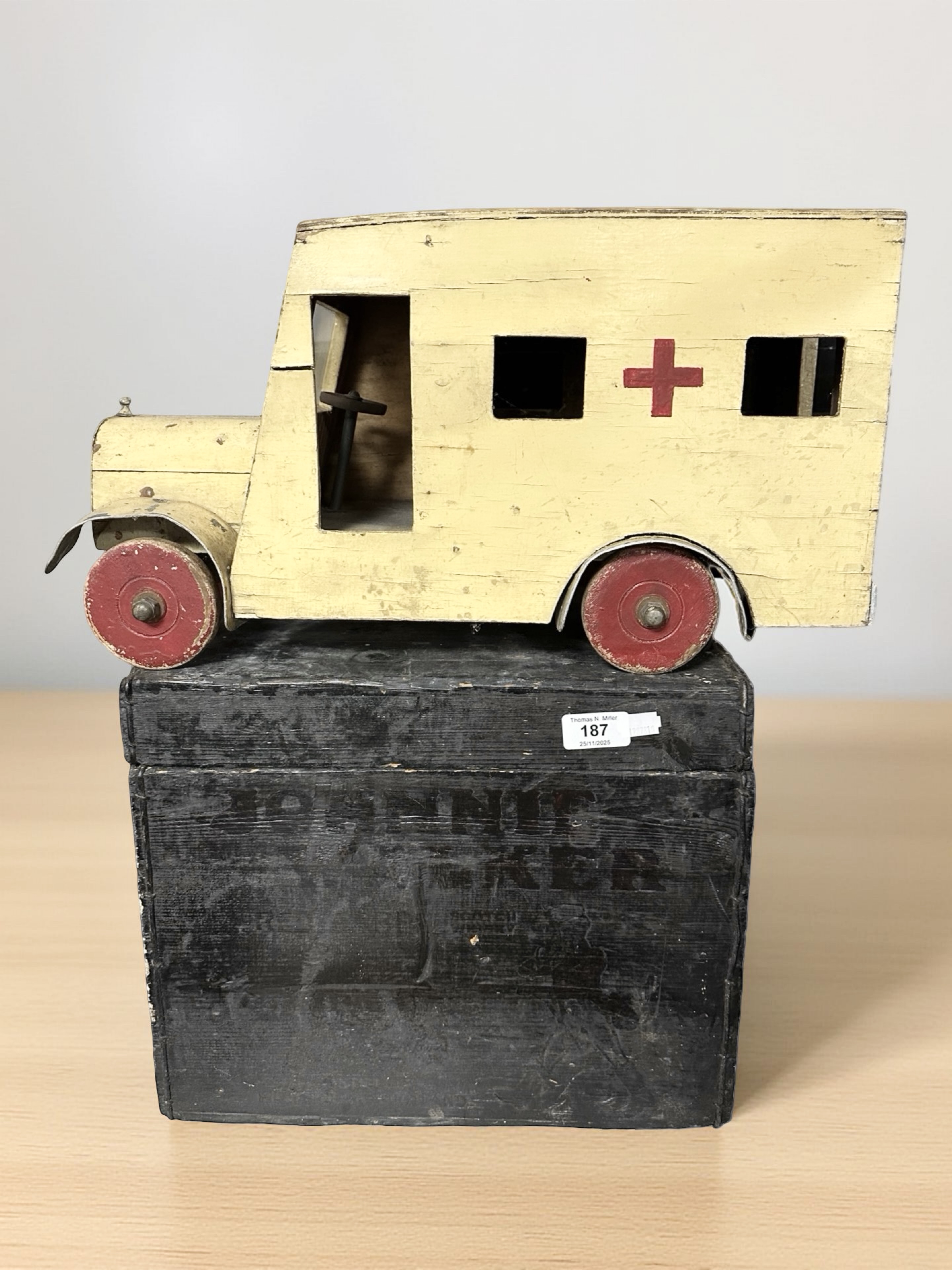 A stained pine box with Johnnie Walker stencilled writing, together ...