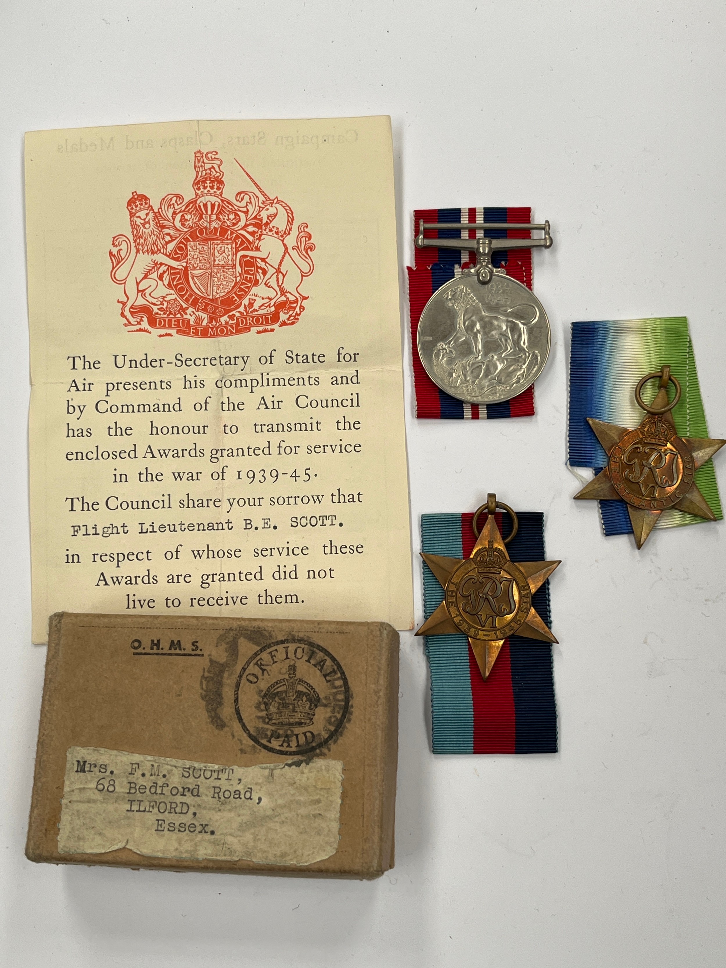 A set of three WWII medals to RAF Flight Lieutenant Bertram Eric Scott ...