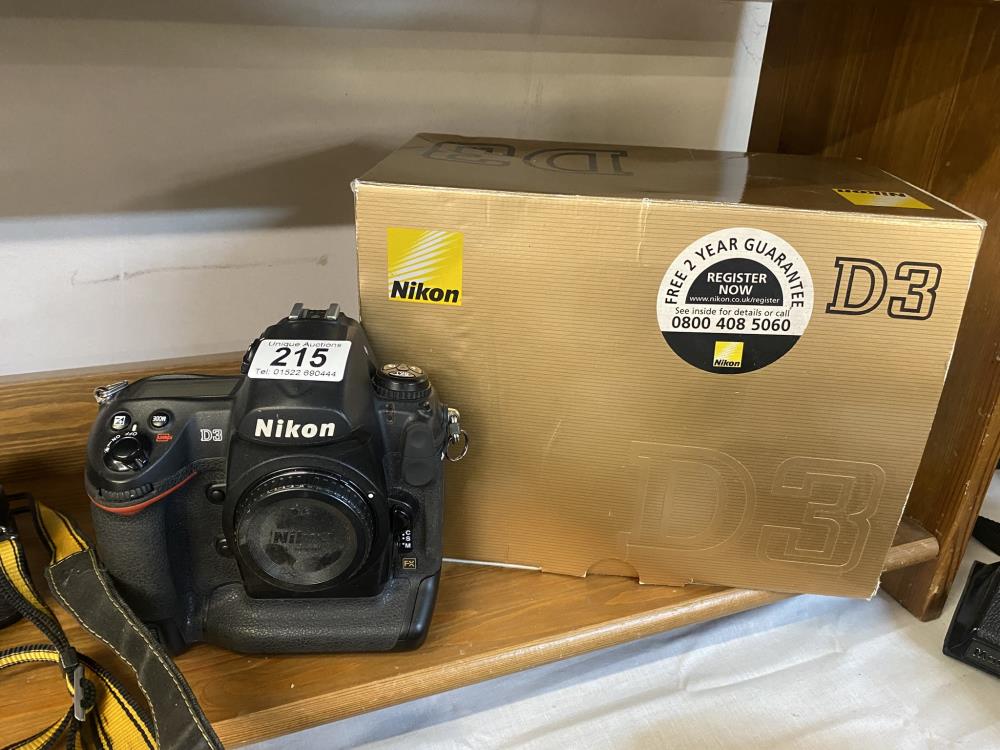 A boxed Nikon D3 camera body and accessories. Serial number 2025742.