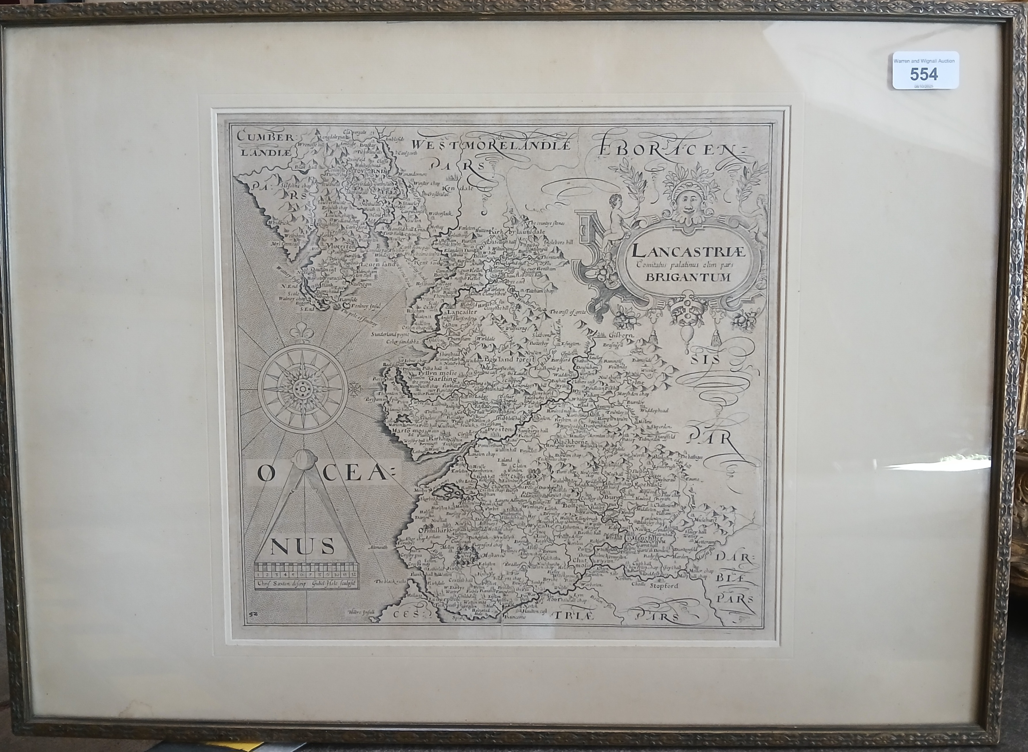 An early 17th century map depicting Lancashire by Christopher Saxton ...
