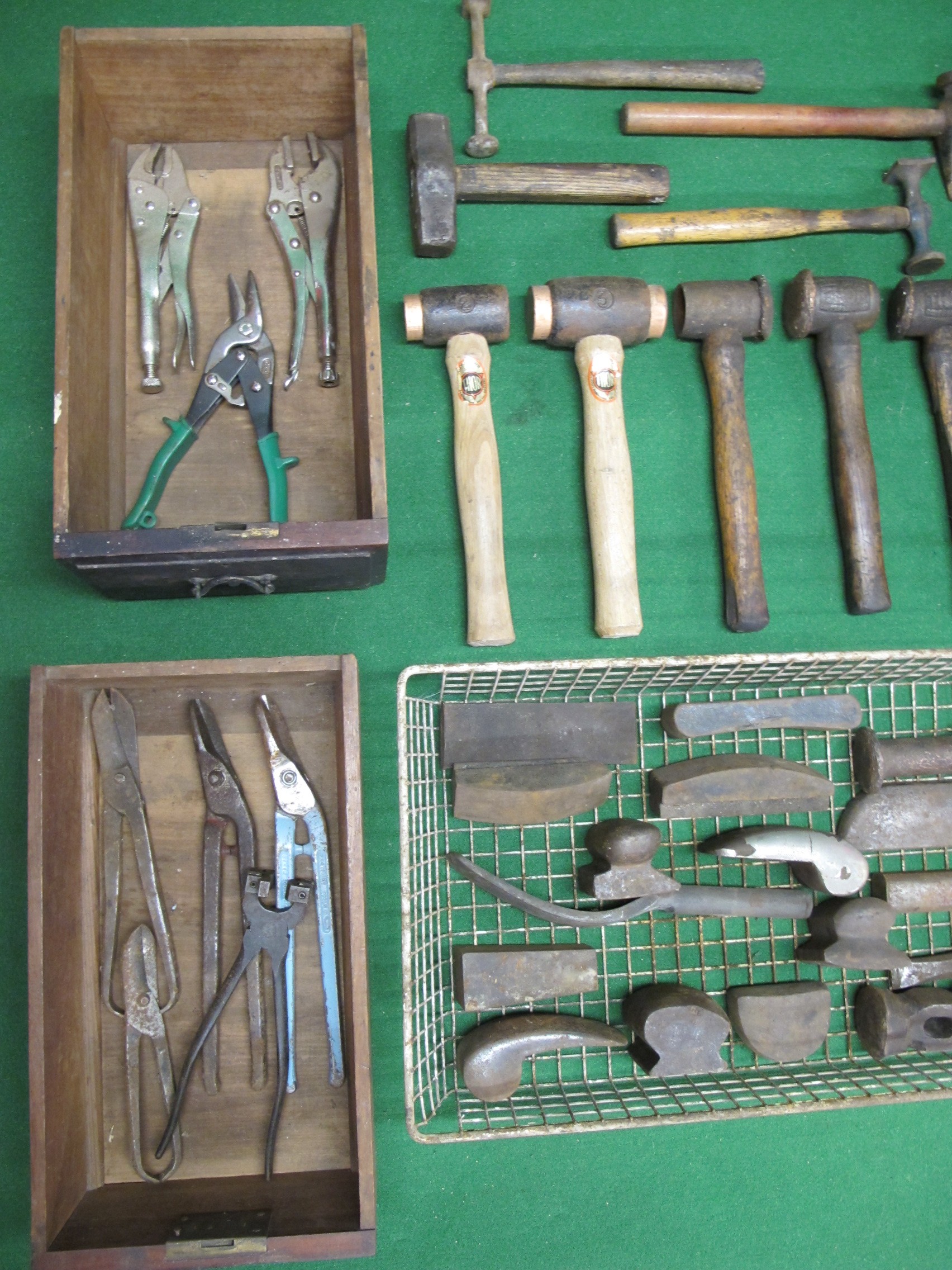 Quantity of panel beating tools, dollies, hammers, tin snips, mole ...