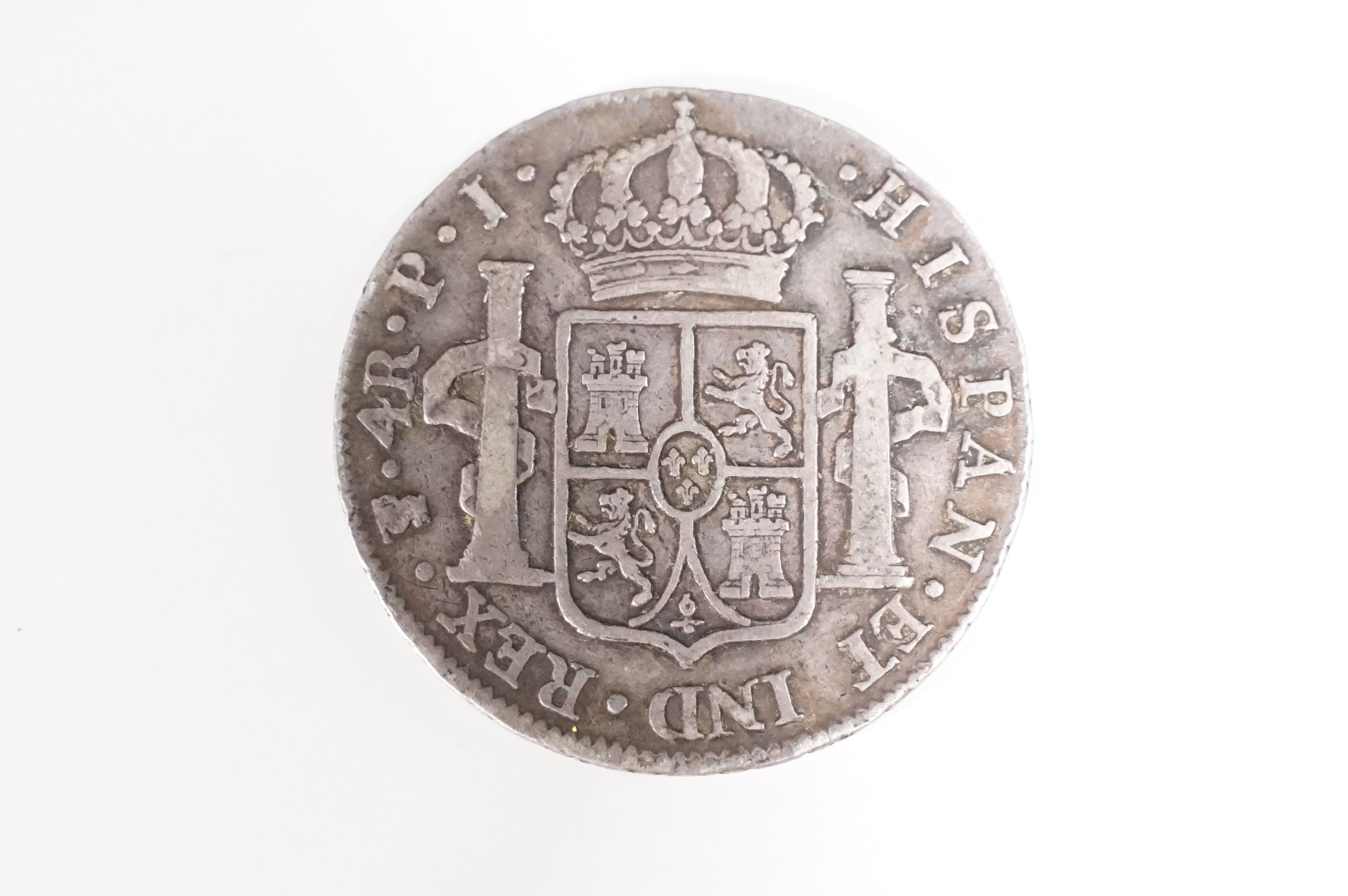 Three 18th and 19th century silver coins to include a 1870 Spanish Five ...