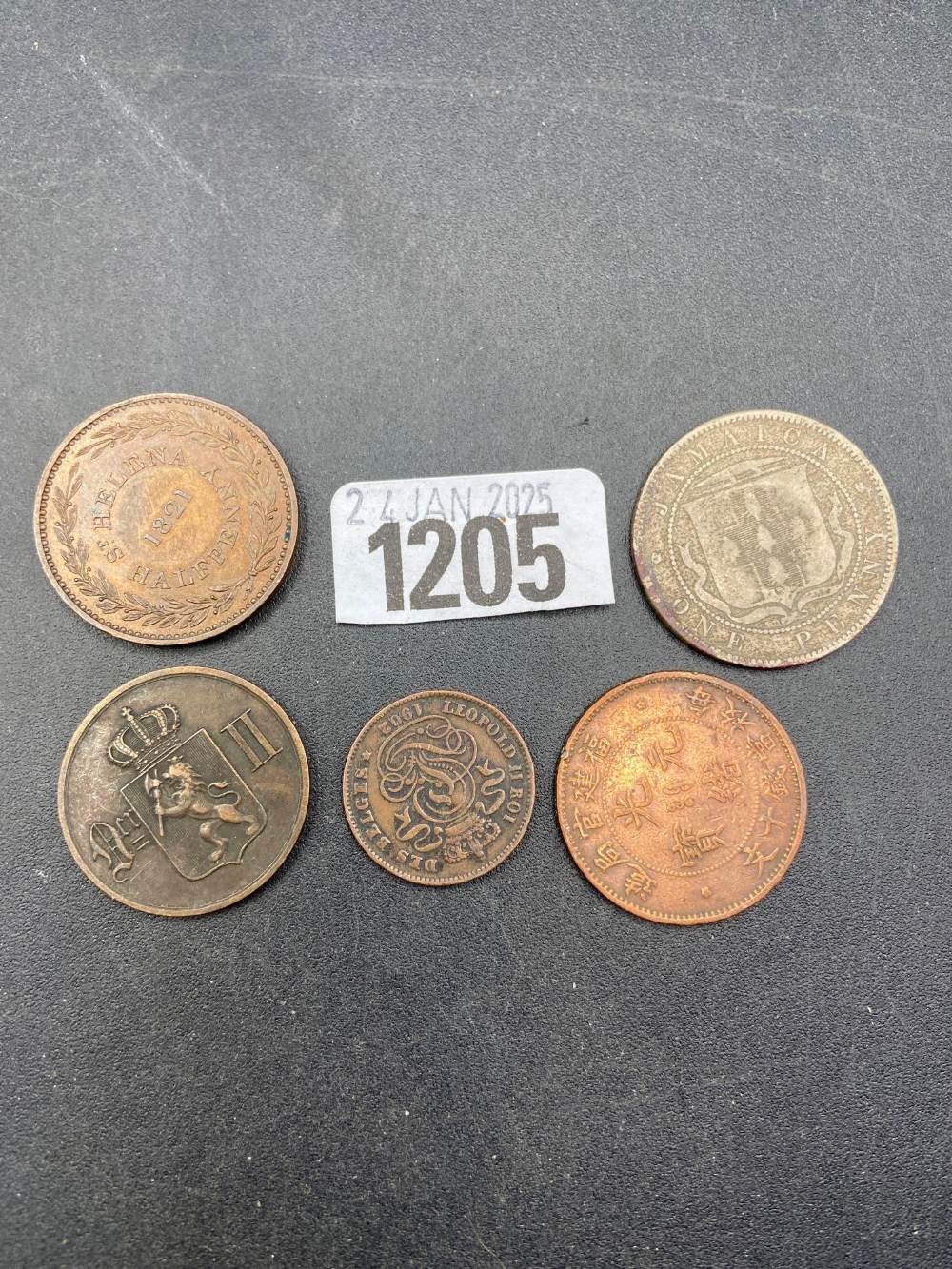 St Helena half penny 1821 good grade, a Chinese 10m cash & 3 others